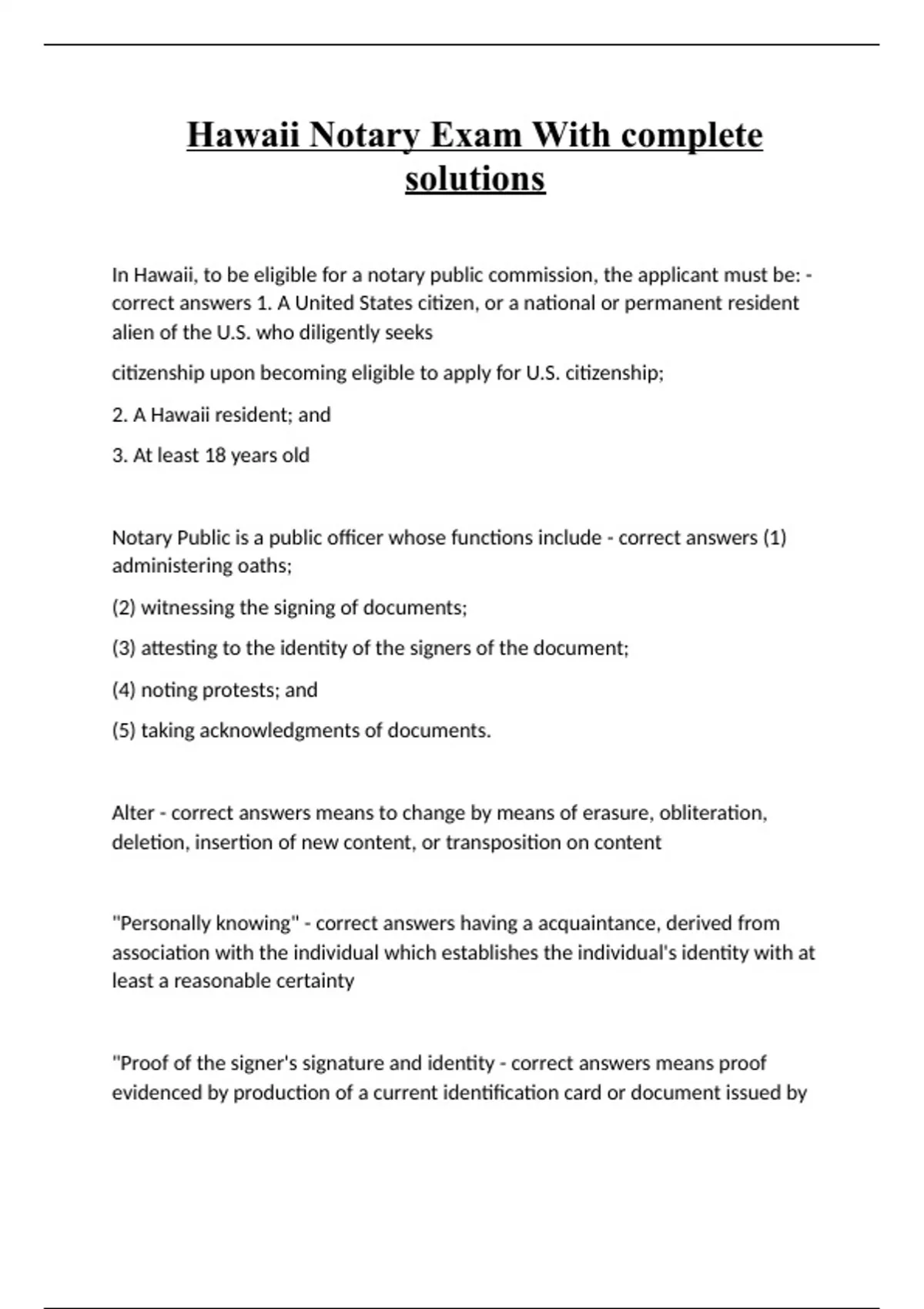 Hawaii Notary Exam With complete solutions - Notary - Stuvia US