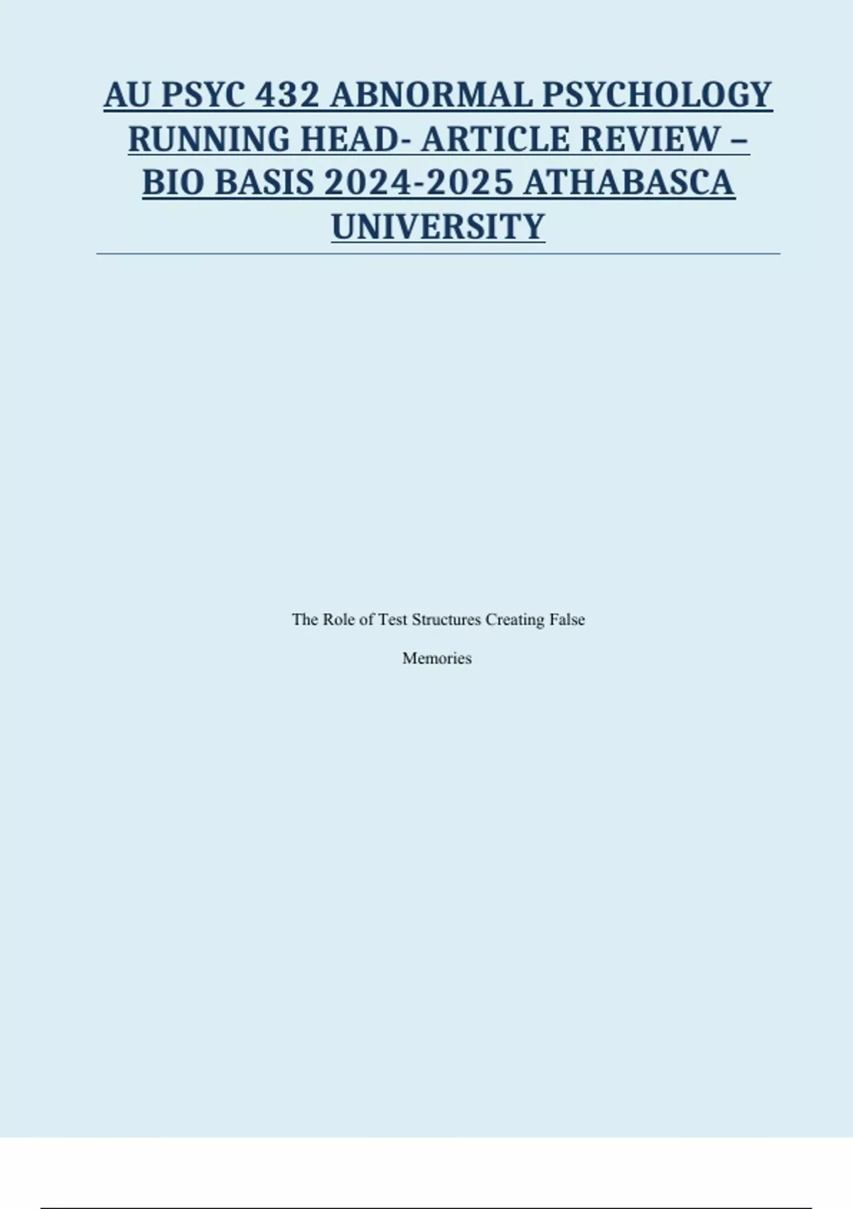 AU PSYC 432 ABNORMAL PSYCHOLOGY |RUNNING HEAD |ARTICLE REVIEW – BIO ...