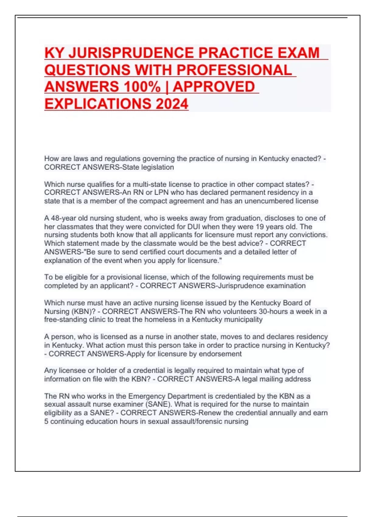 KY JURISPRUDENCE PRACTICE EXAM QUESTIONS WITH PROFESSIONAL ANSWERS 100% ...