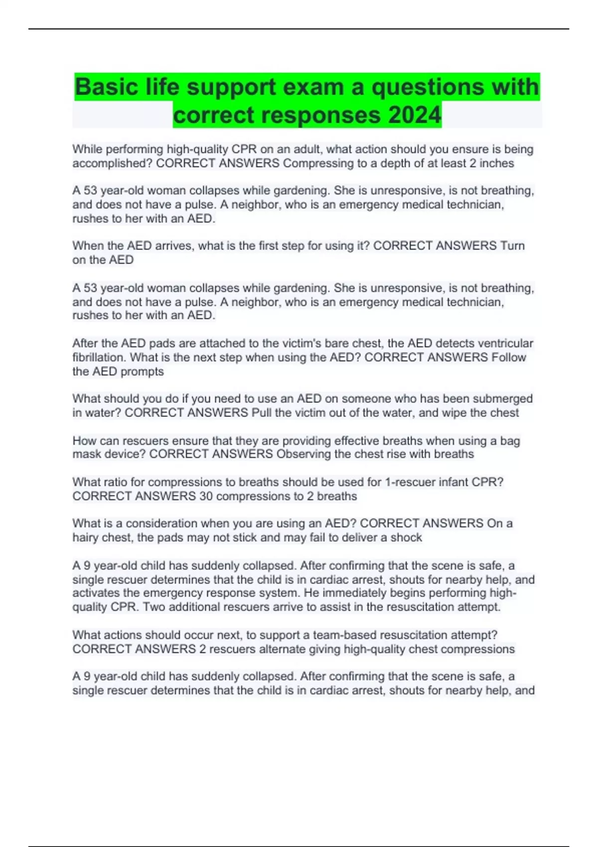 Basic life support exam a questions with correct responses 2024 - Bls ...