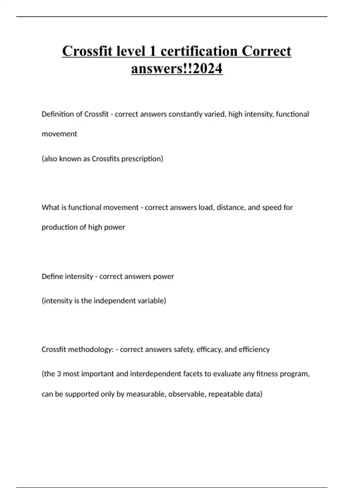 Crossfit level 1 certification Correct answers!!2024 - Crossfit Level 1 ...
