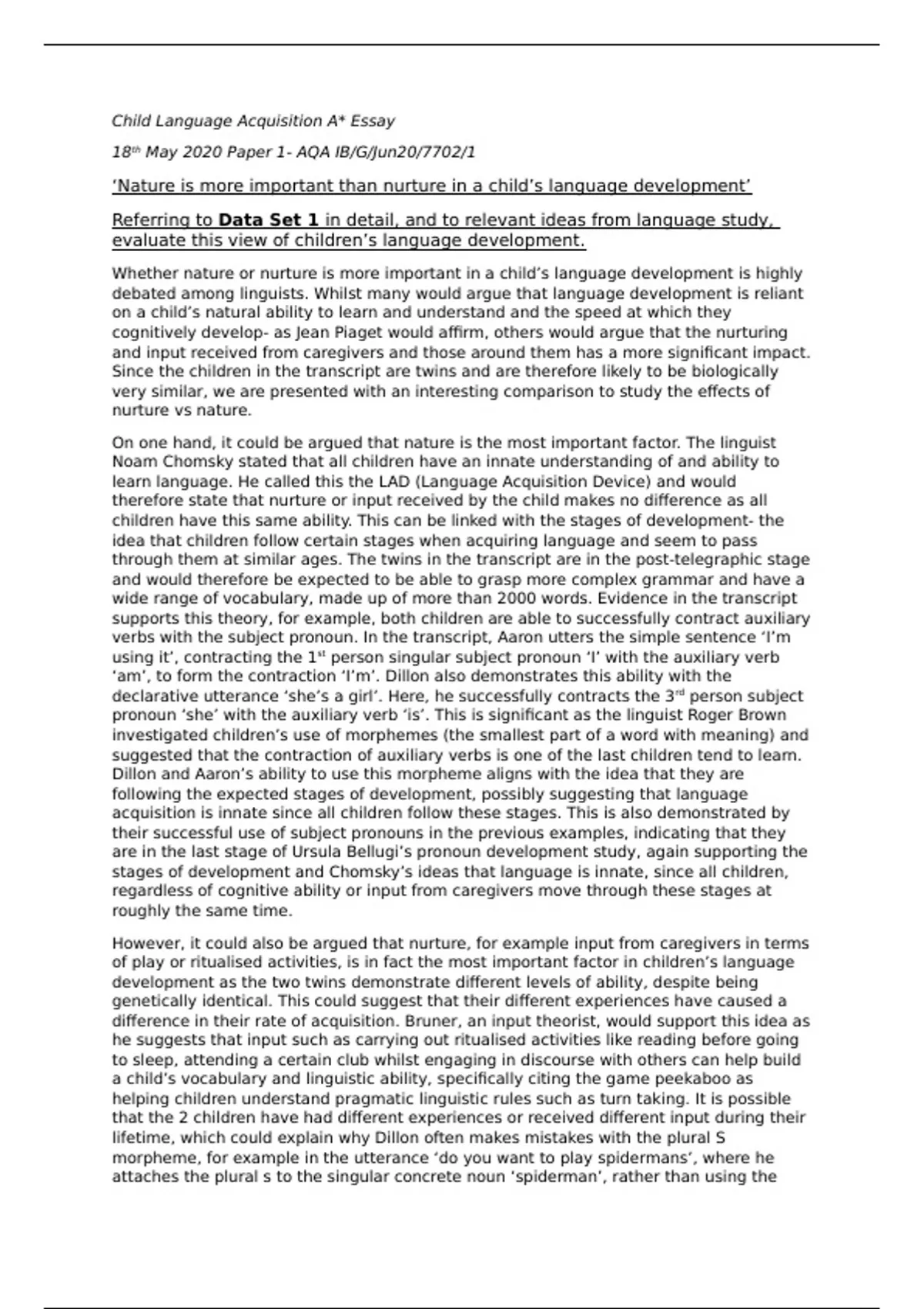 Exemplar A* Child Language Acquisition Essay for 2020 AQA paper - Child ...