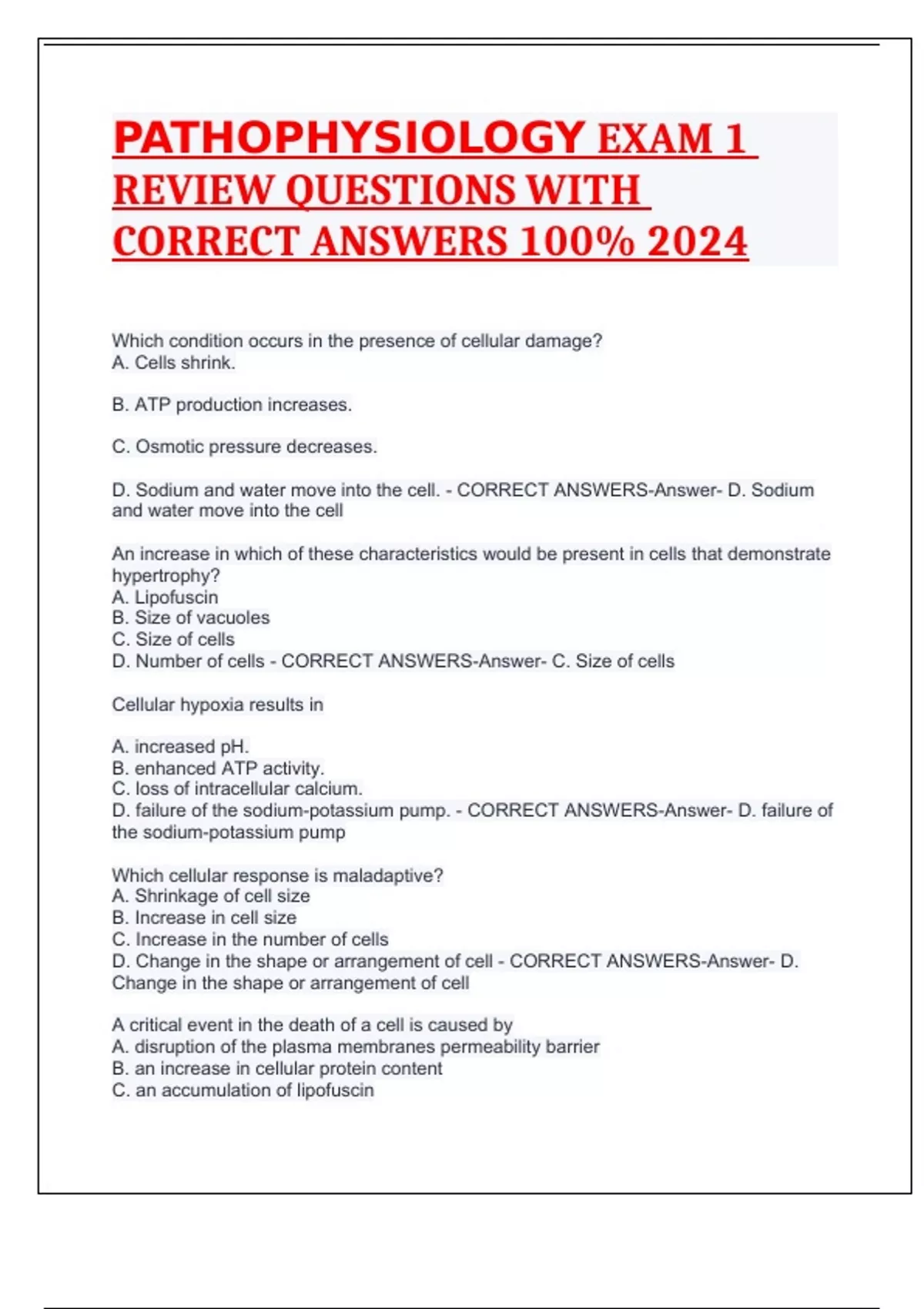 PATHOPHYSIOLOGY EXAM 1 REVIEW QUESTIONS WITH CORRECT ANSWERS 100% 2024 ...