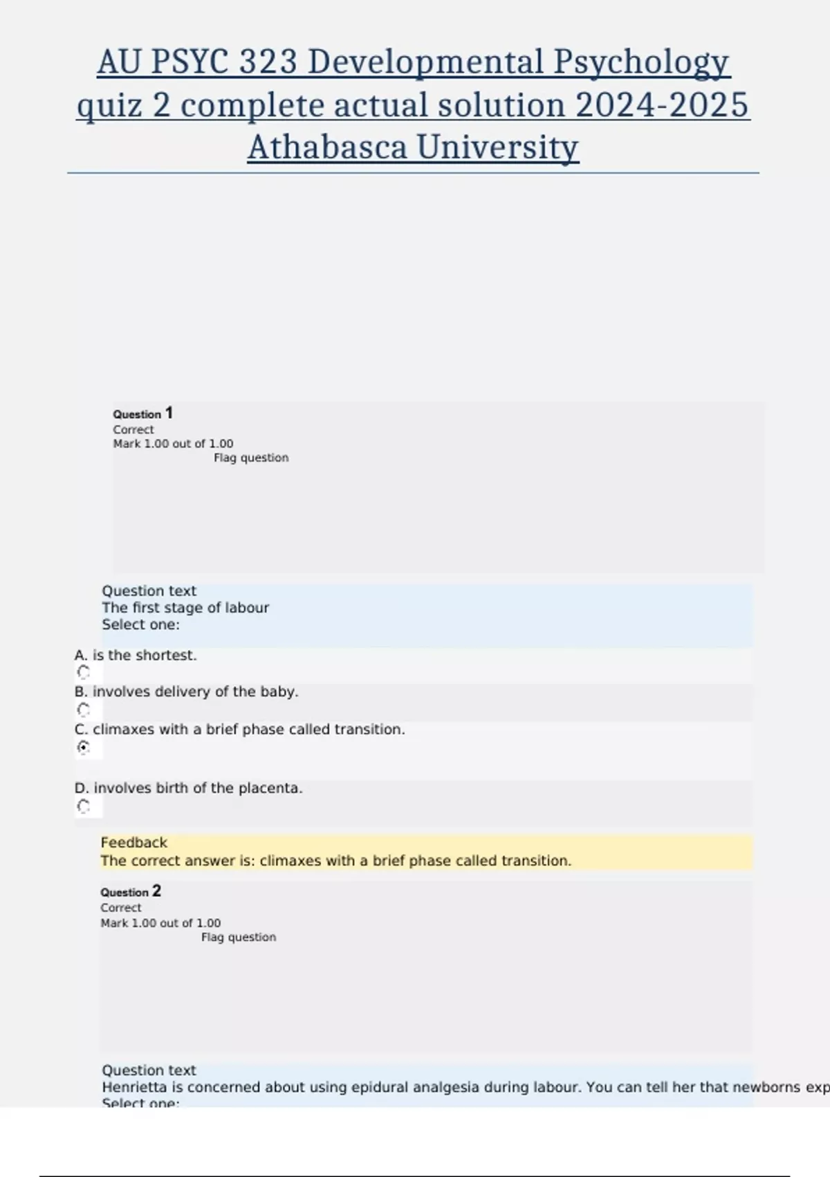 AU PSYC 323 Developmental Psychology quiz 2 complete actual solution Athabasca University - PSYC ...