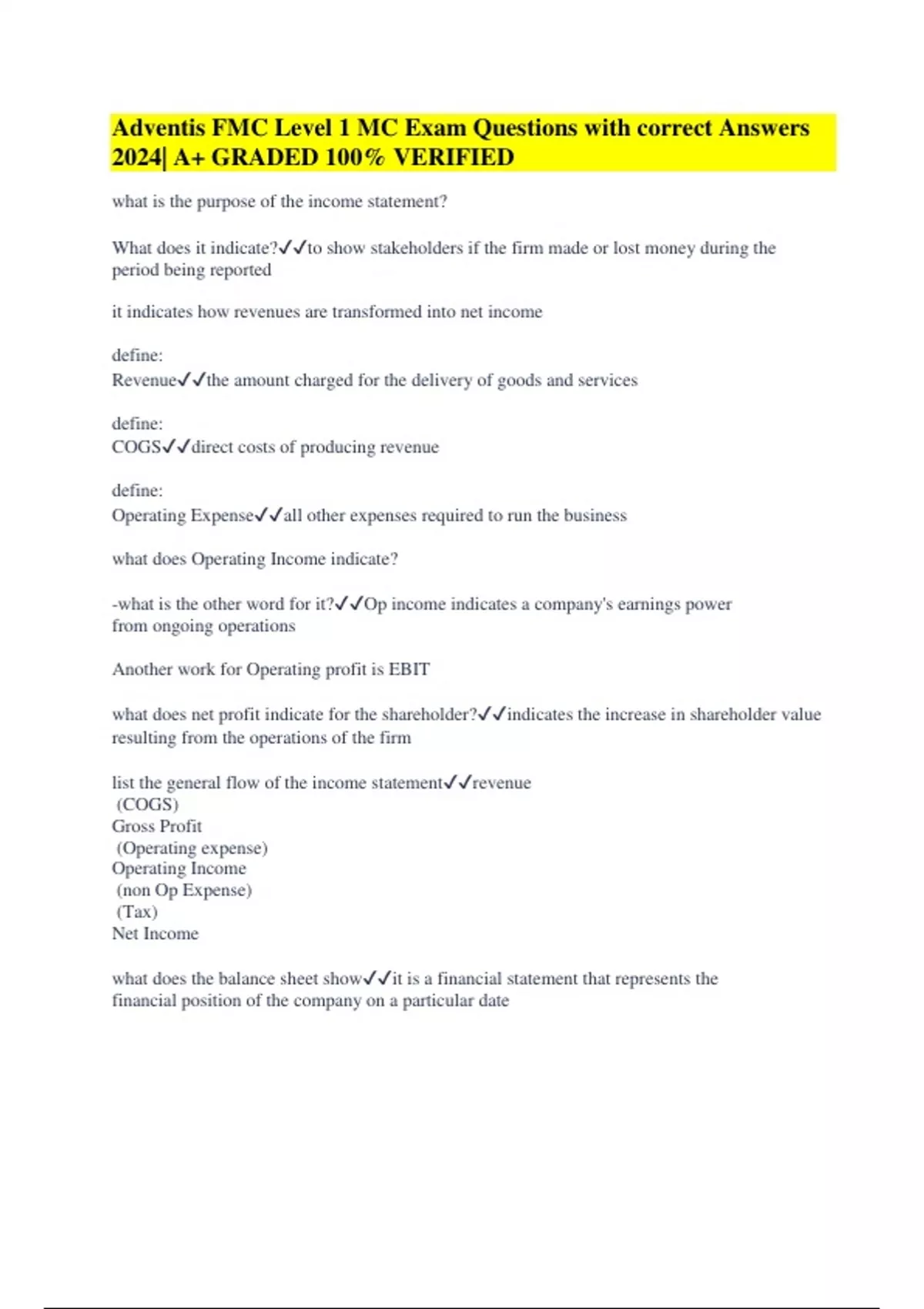 Adventis FMC Level 1 MC Exam Questions with correct Answers 2024| A+ ...