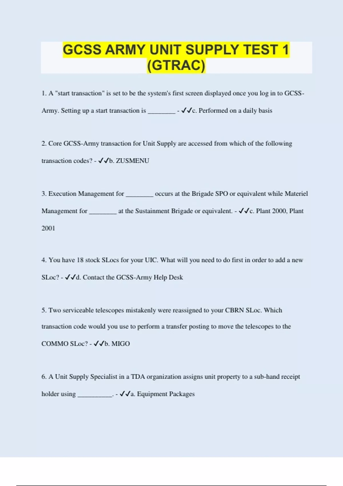 Gcss Army Unit Supply Test 1 Gtrac Gcss Army Unit Supply Stuvia Us