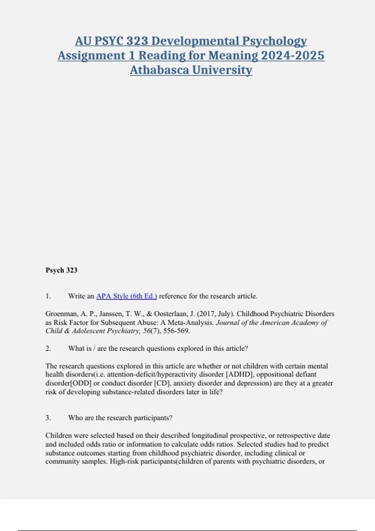 AU PSYC 323 Developmental Psychology Assignment 1 Reading for Meaning Athabasca University ...