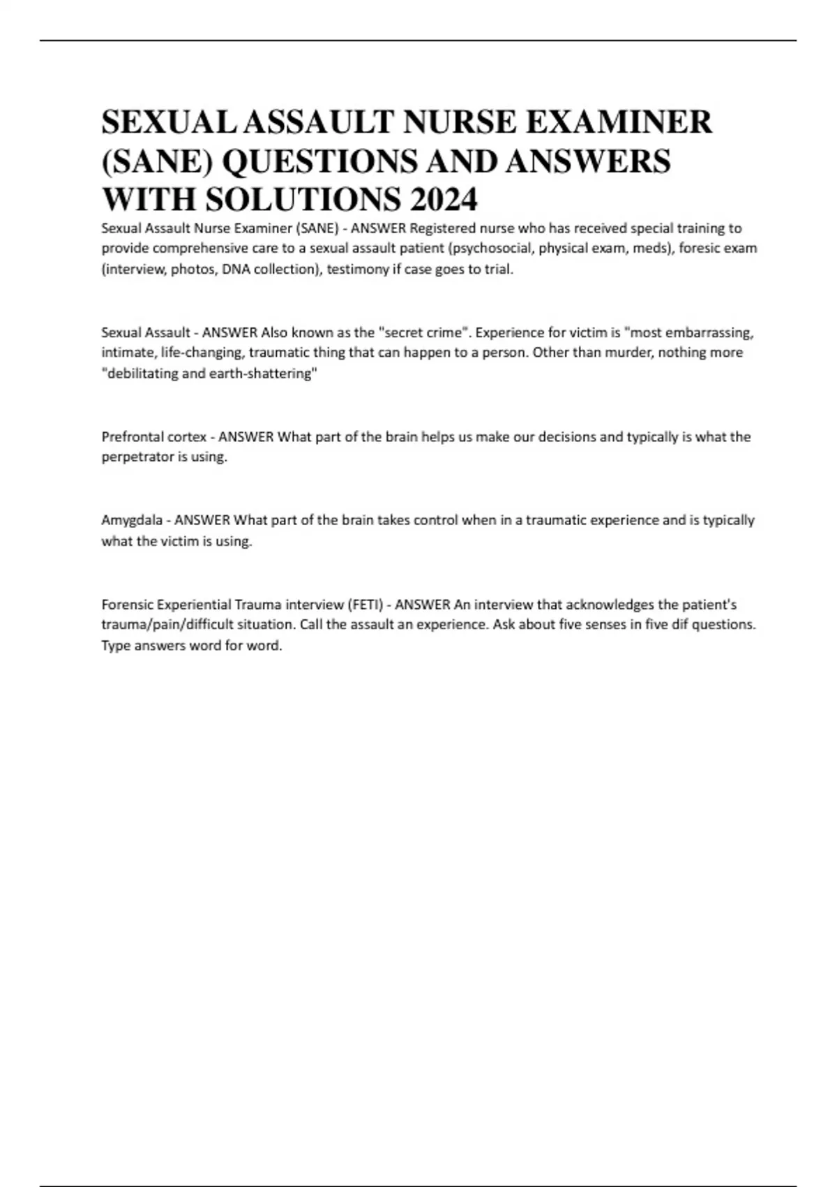 SEXUAL ASSAULT NURSE EXAMINER (SANE) QUESTIONS AND ANSWERS WITH ...