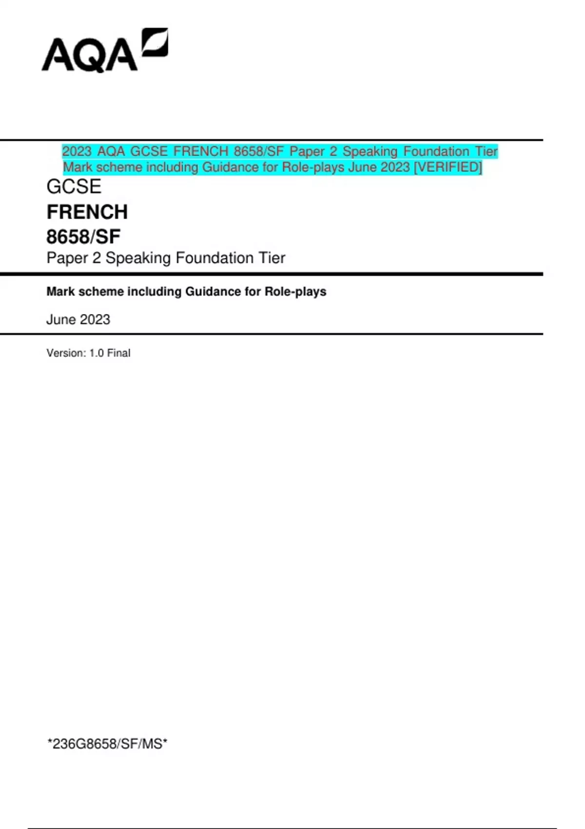 2023 AQA GCSE FRENCH 8658/SF Paper 2 Speaking Foundation Tier Mark ...