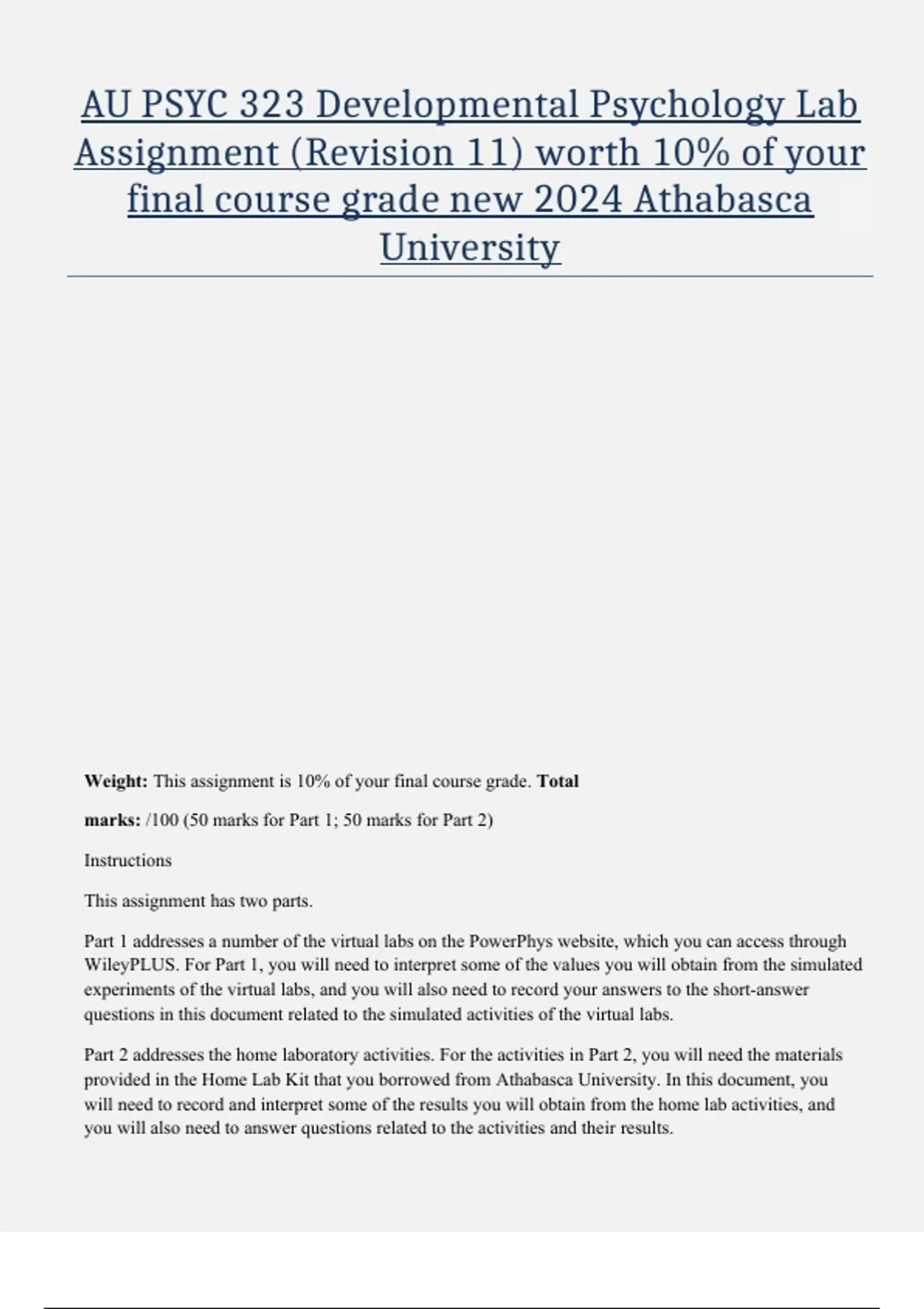 AU PSYC 323 Developmental Psychology |Lab Assignment (Revision 11 ...