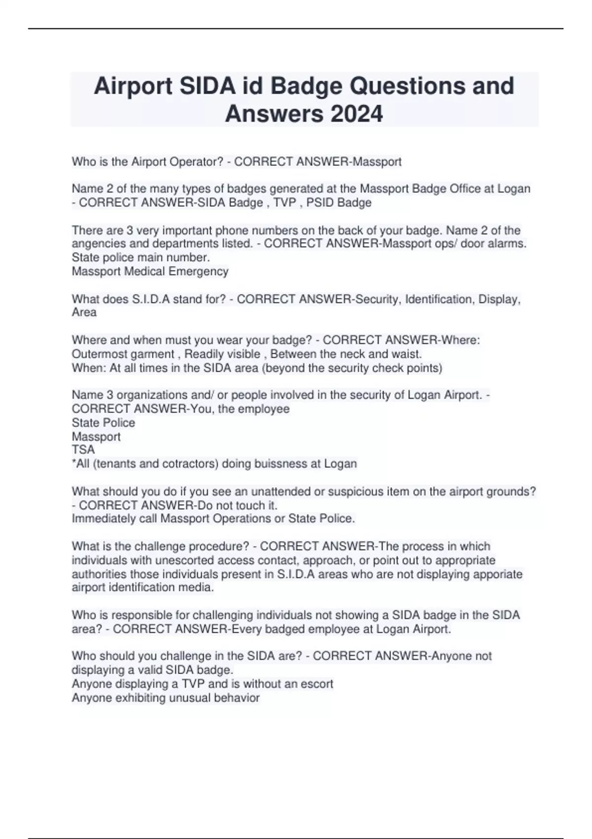 Airport SIDA id Badge Questions and Answers 2024 - SIDA - Stuvia US