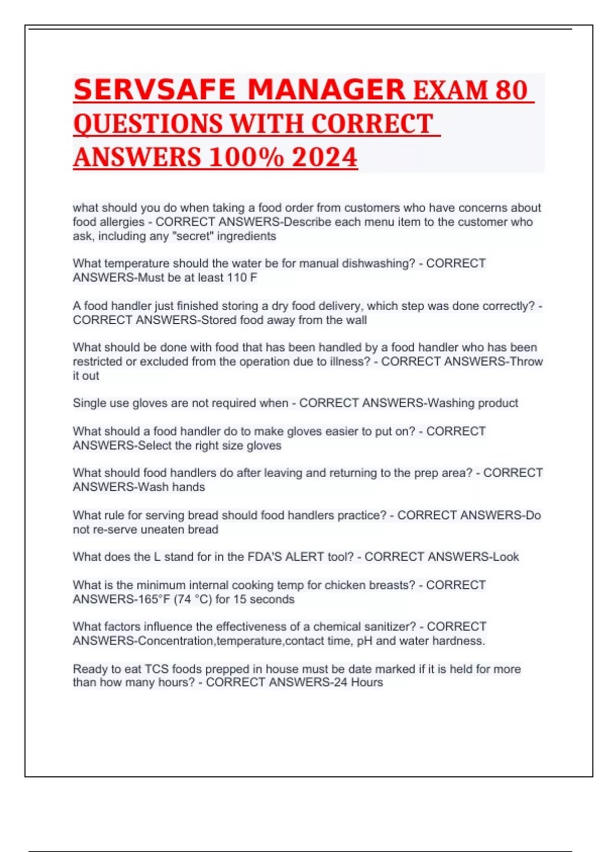 SERVSAFE MANAGER EXAM 80 QUESTIONS WITH CORRECT ANSWERS 100% 2024 ...