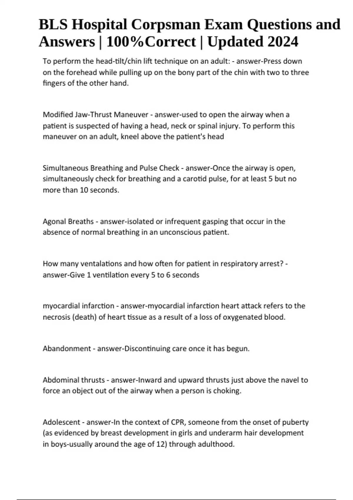 BLS Hospital Corpsman Exam Questions and Answers | 100%Correct ...