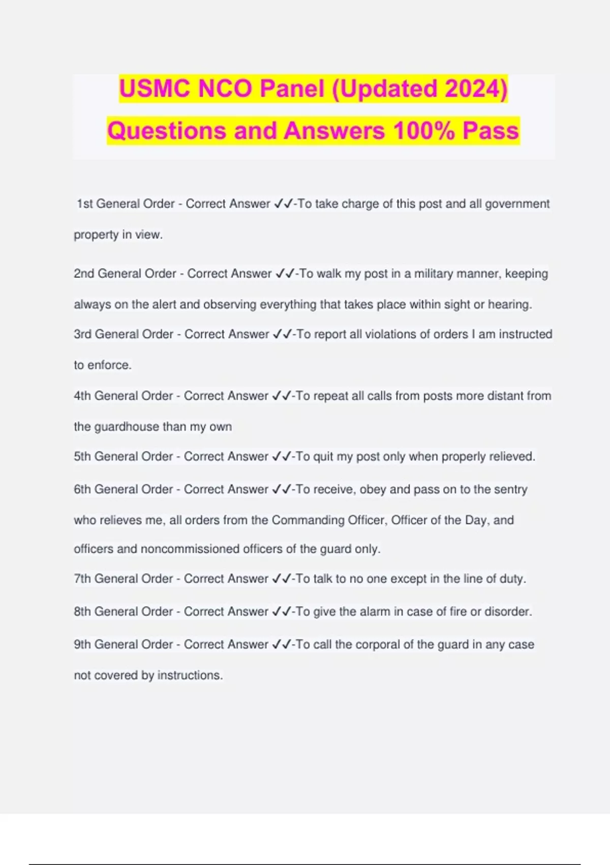 USMC NCO Panel (Updated 2024) Questions and Answers 100% Pass - Marine ...