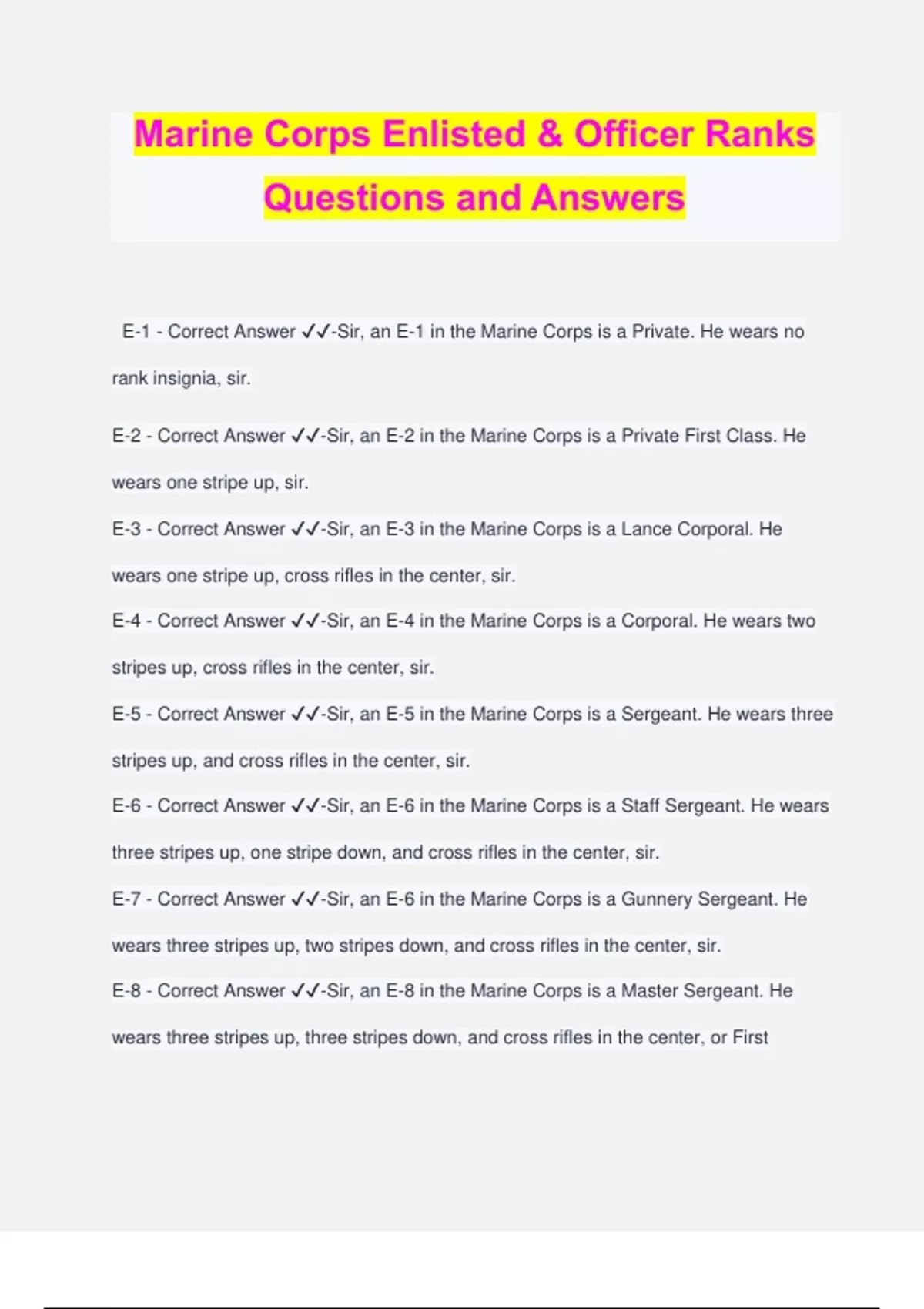 Marine Corps Enlisted & Officer Ranks Questions and Answers - Marine ...