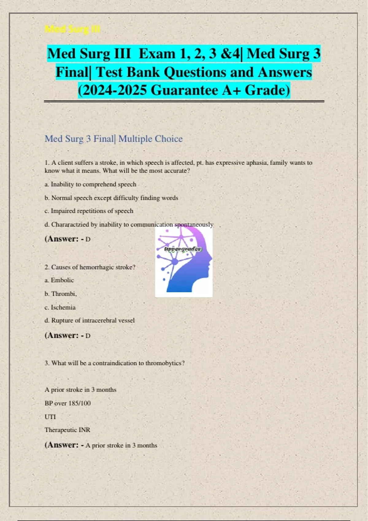 Med Surg III Exam 1, 2, 3 &4| Med Surg 3 Final| Test Bank Questions and ...