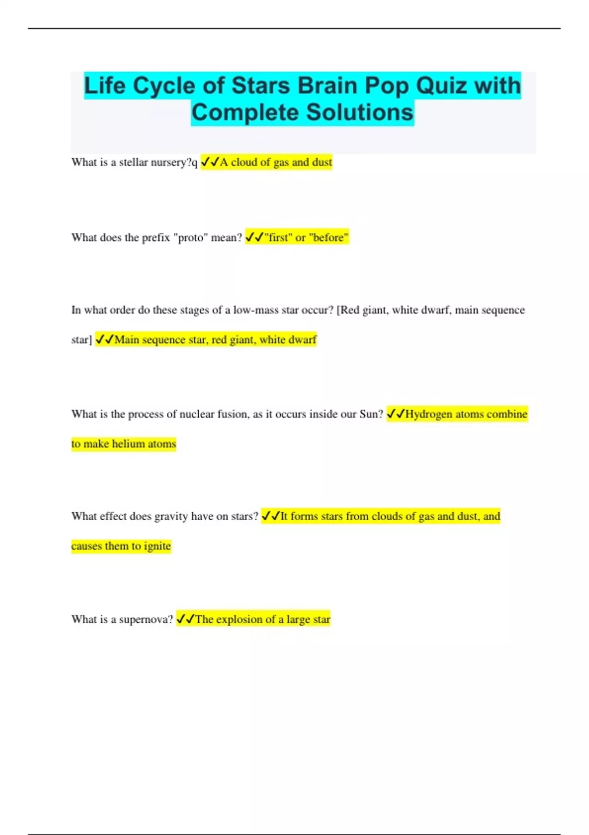 Life Cycle of Stars Brain Pop Quiz with Complete Solutions - Life Cycle ...