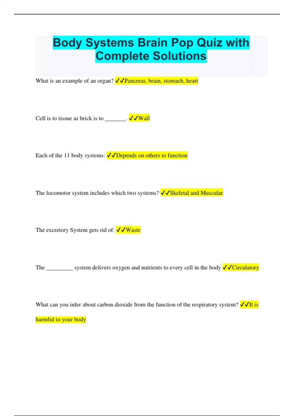 Body Systems Brain Pop Quiz with Complete Solutions - Body Systems ...