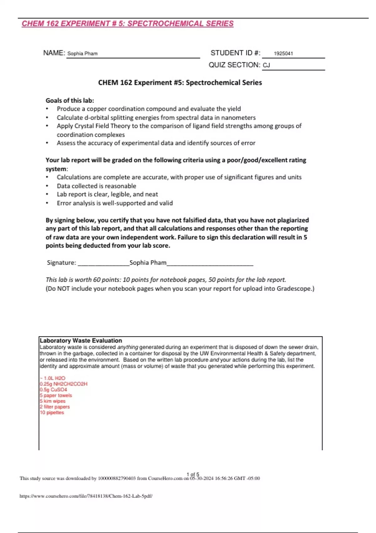 CHEM 162 EXPERIMENT #5: SPECTROCHEMICAL SERIES QUESTIONS & ANSWERS 2024 ...