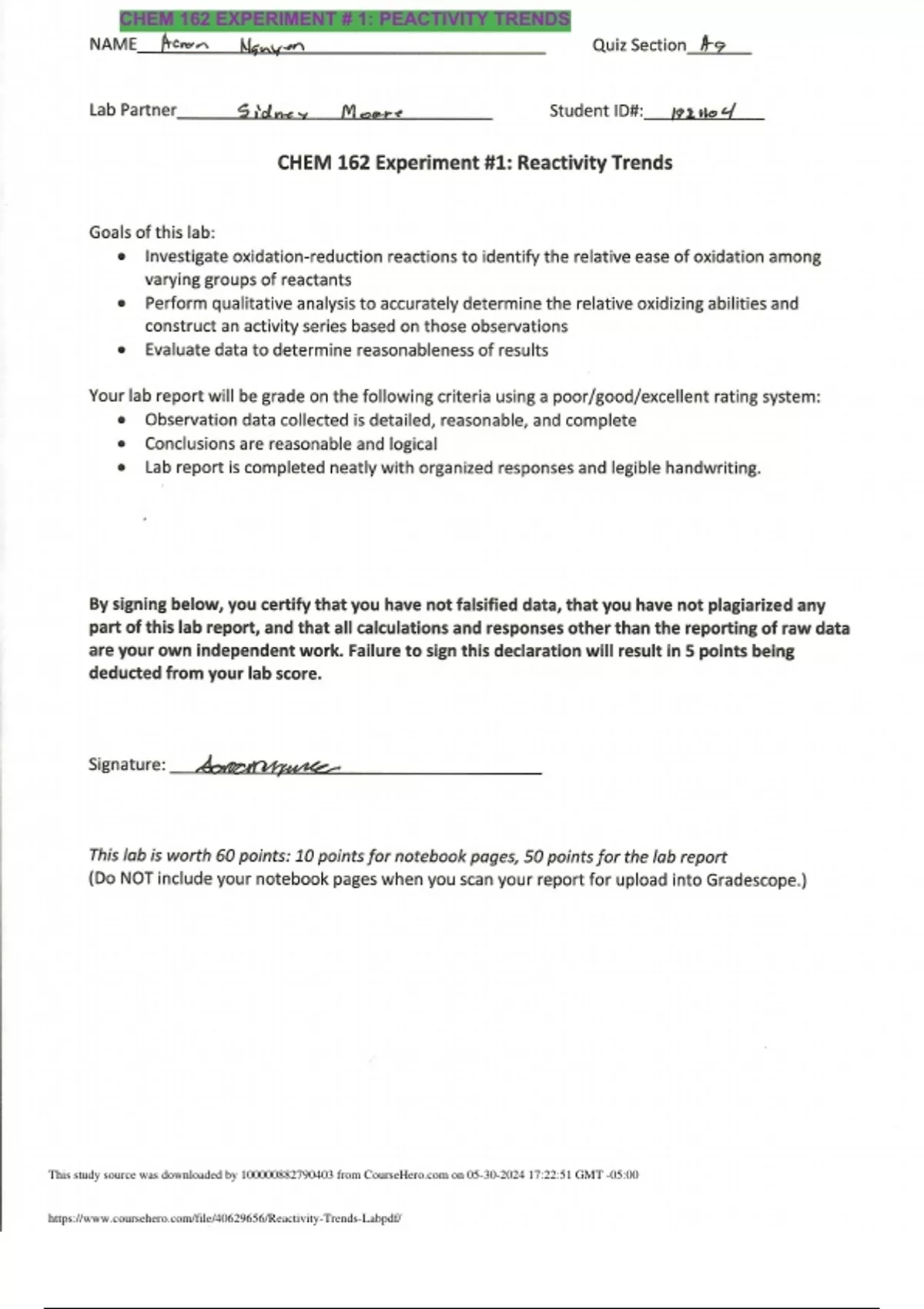 CHEM 162 EXPERIMENT # 1: PEACTIVITY TRENDS QUESTIONS & ANSWERS 2024 ...