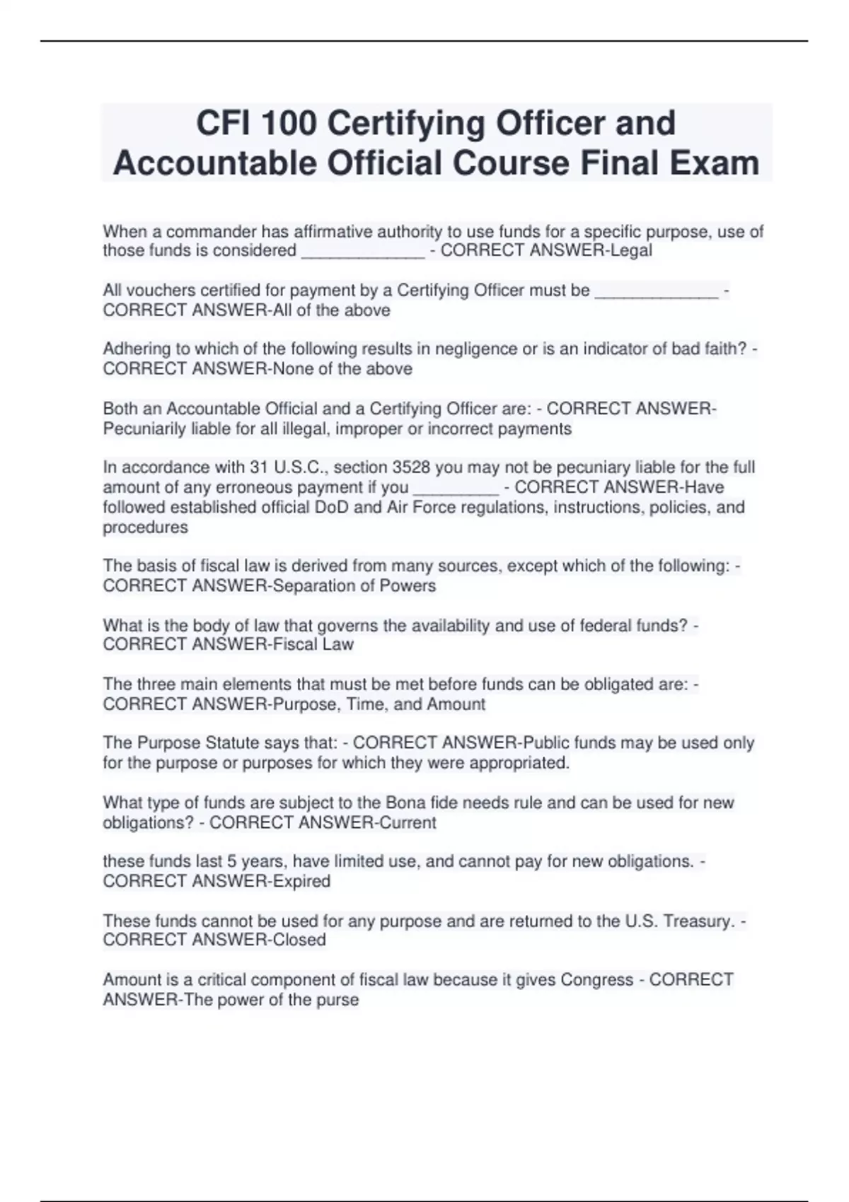 CFI 100 Certifying Officer and Accountable Official Course Final Exam - CFI 100 - Stuvia US