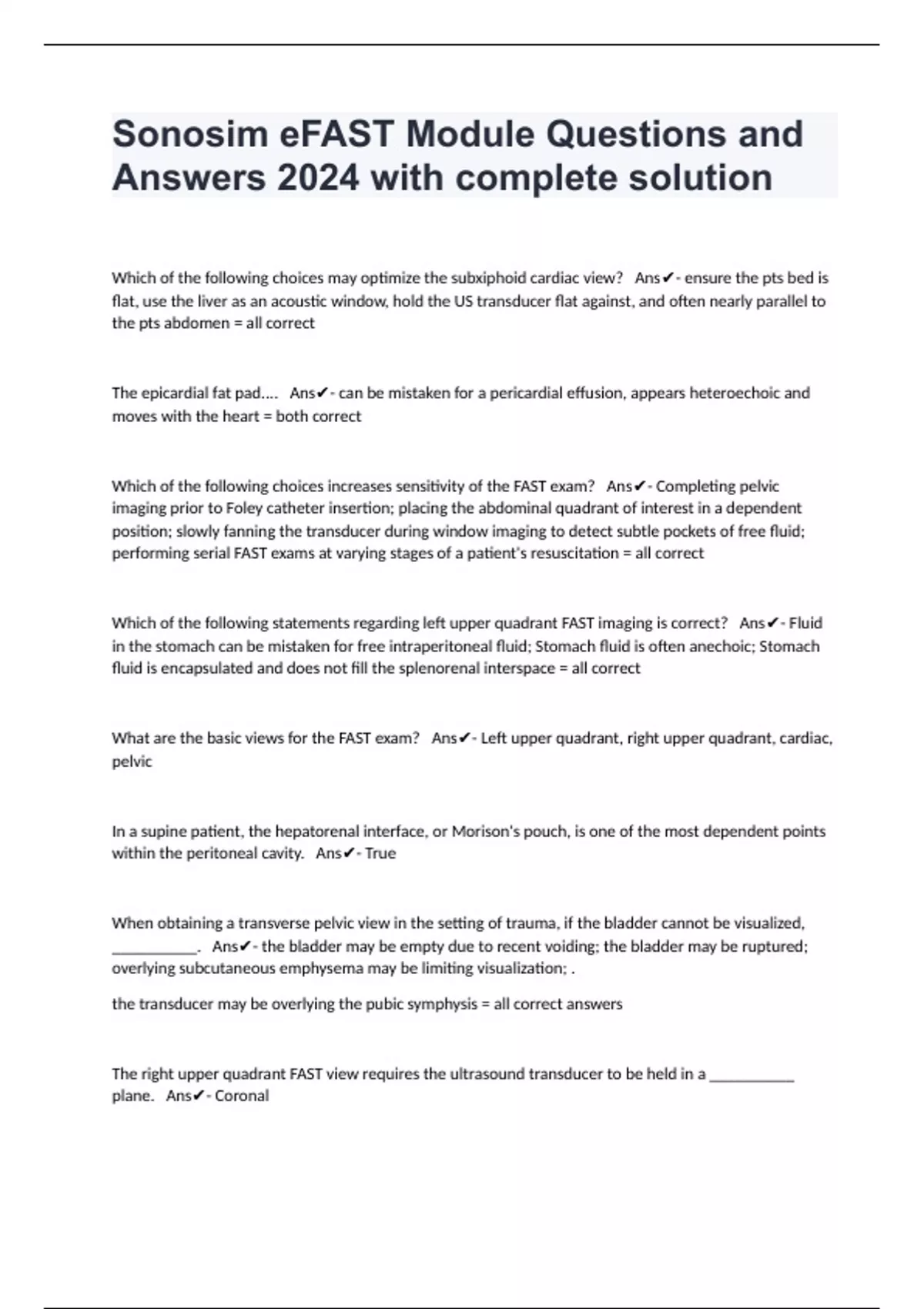 Sonosim eFAST Module Questions and Answers 2024 with complete solution ...