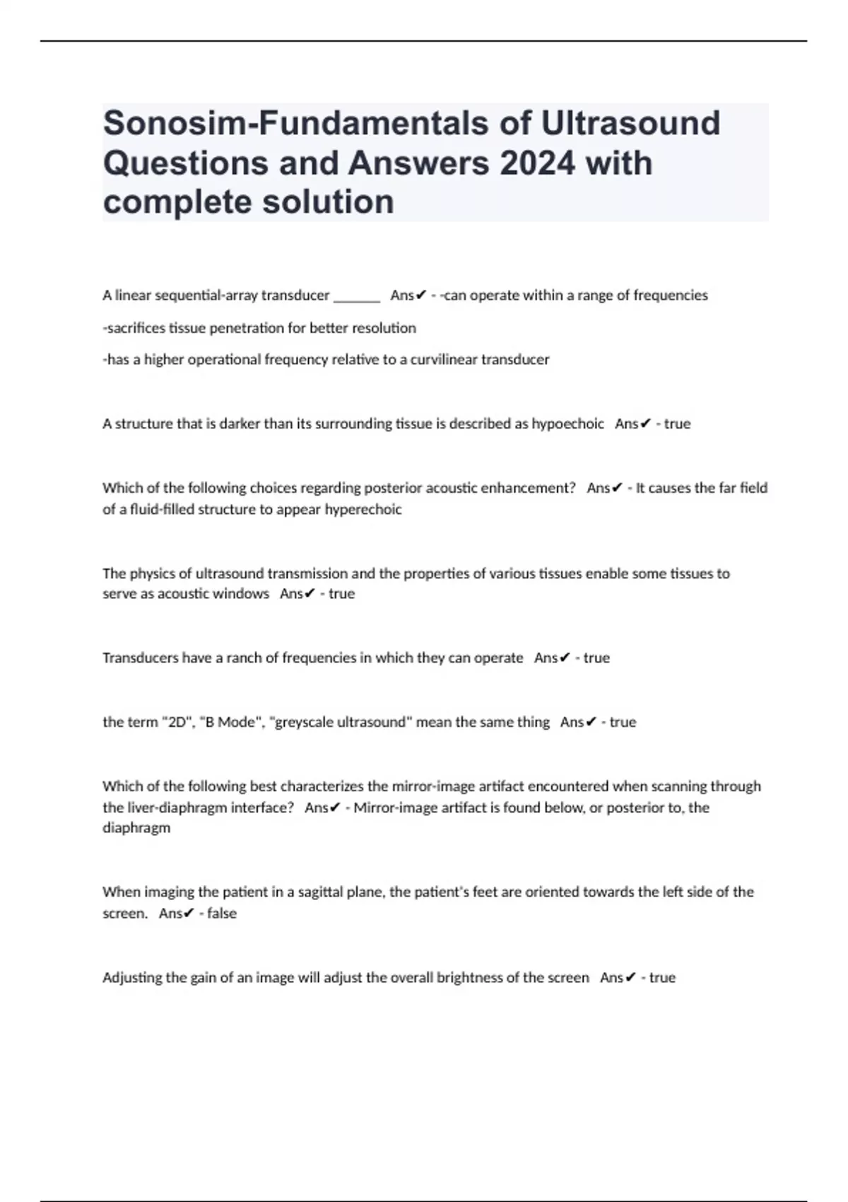 Sonosim-Fundamentals of Ultrasound Questions and Answers 2024 with complete solution - Sonosim ...