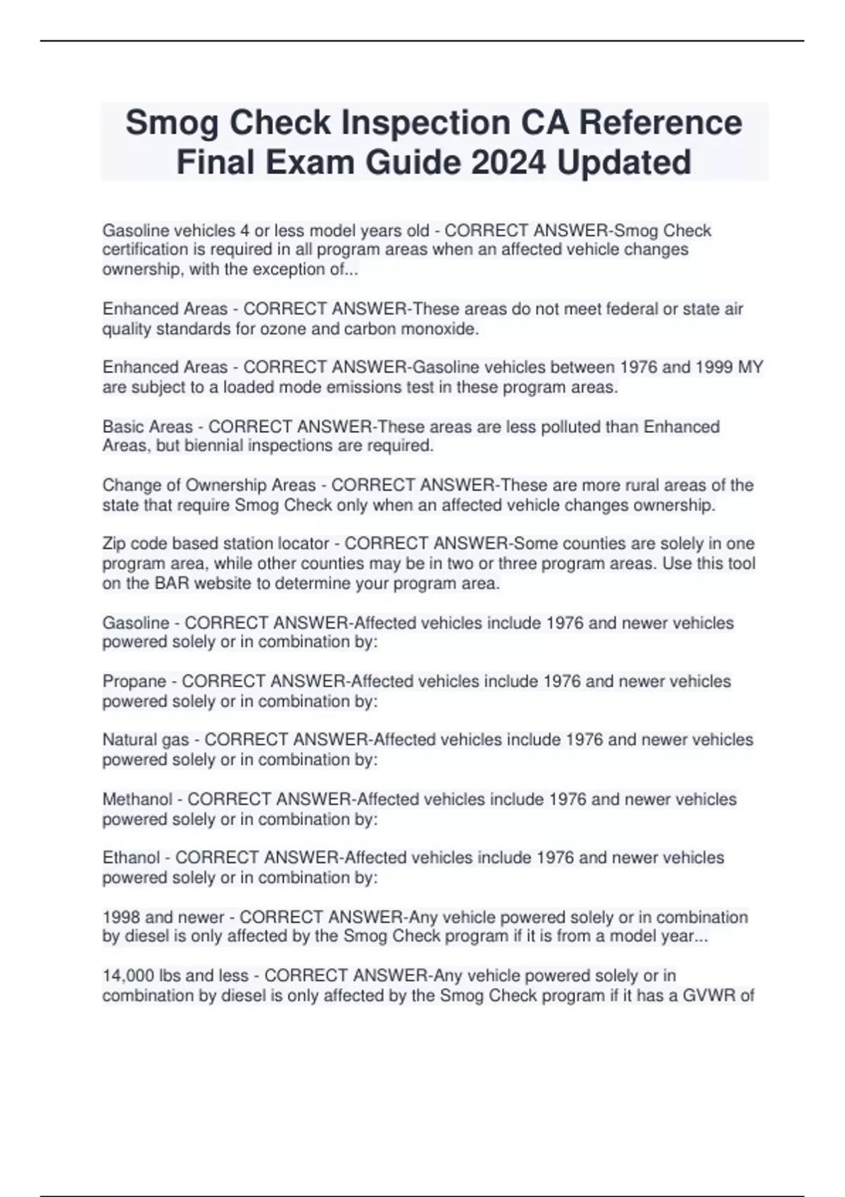 Smog Check Inspection CA Reference Final Exam Guide 2024 Updated - Ca ...