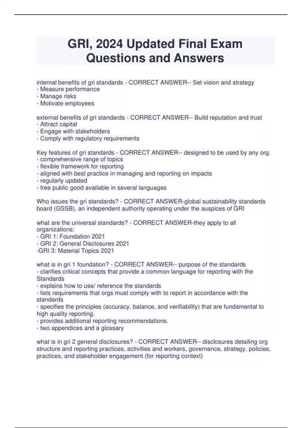 GRI, 2024 Updated Final Exam Questions and Answers - GRI - Stuvia US