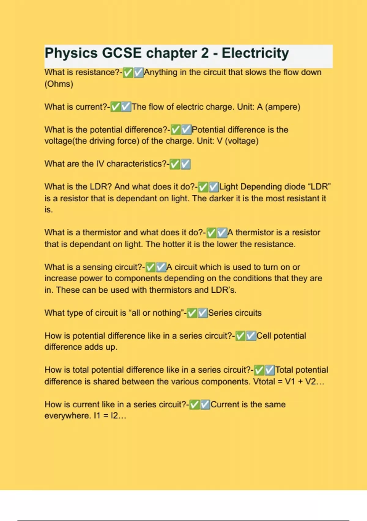Physics GCSE chapter 2 - Electricity Questions with 100% Correct ...