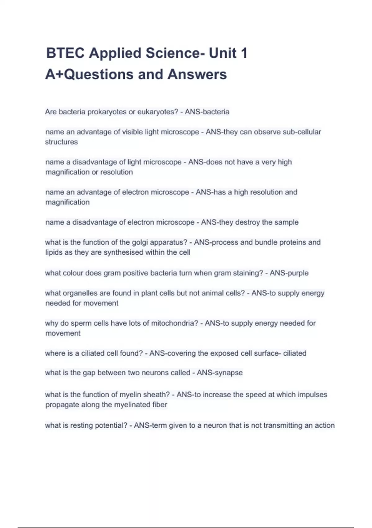 BTEC Applied Science- Unit 1 A+Questions and Answers - USMLE Step 1 ...