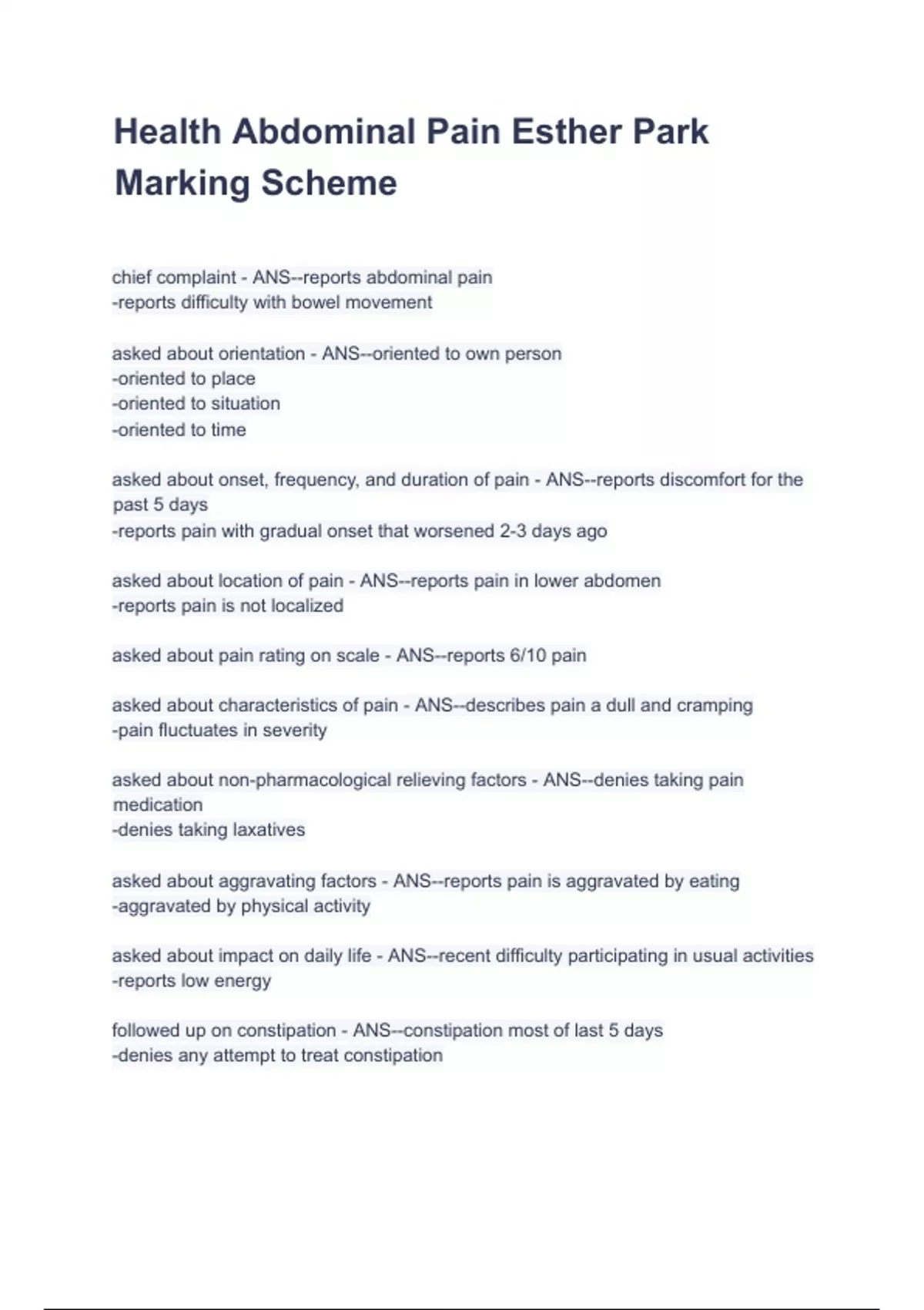 Health Abdominal Pain Esther Park Marking Scheme - _NR 601A+ Midterm ...