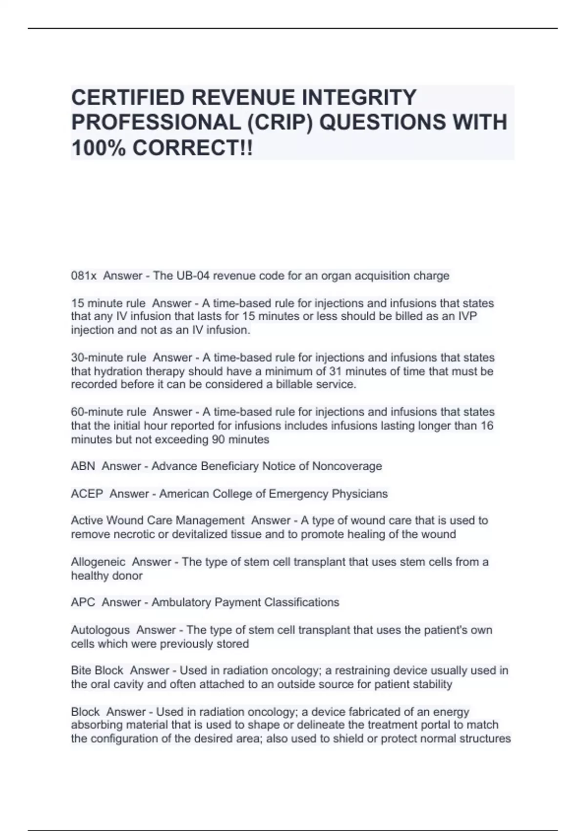 CERTIFIED REVENUE INTEGRITY PROFESSIONAL (CRIP) QUESTIONS WITH 100% ...