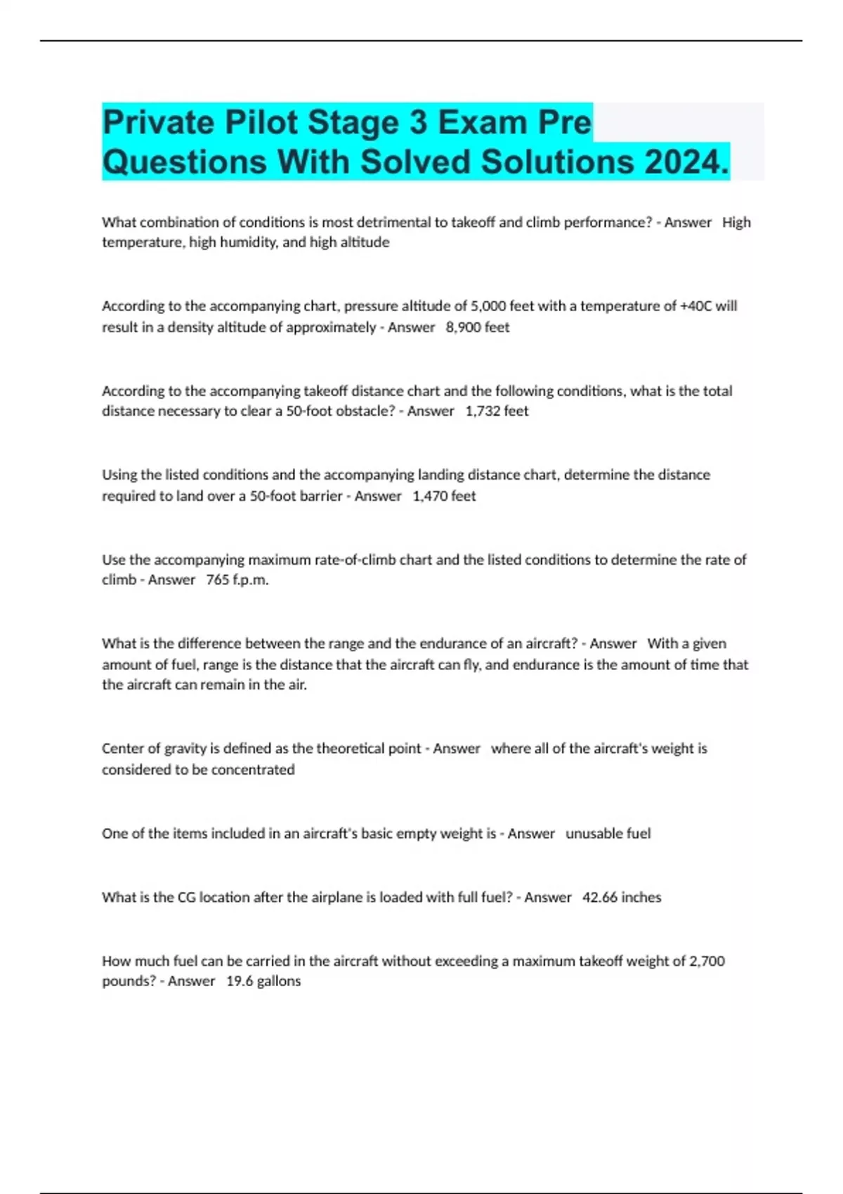 Private Pilot Stage 3 Exam Pre Questions With Solved Solutions 2024. - Private pilot - Stuvia US