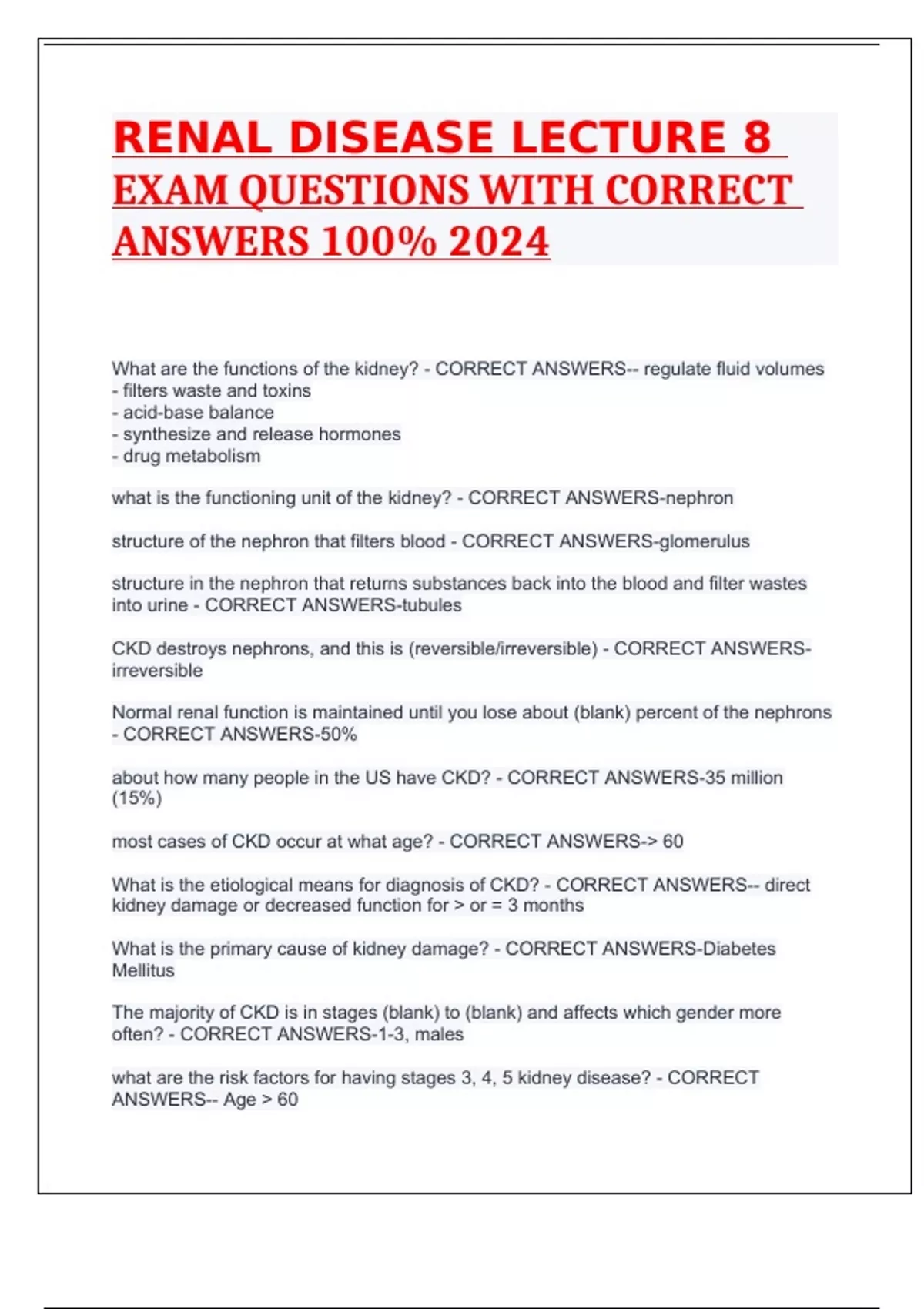 RENAL DISEASE LECTURE 8 EXAM QUESTIONS WITH CORRECT ANSWERS 100% 2024 ...