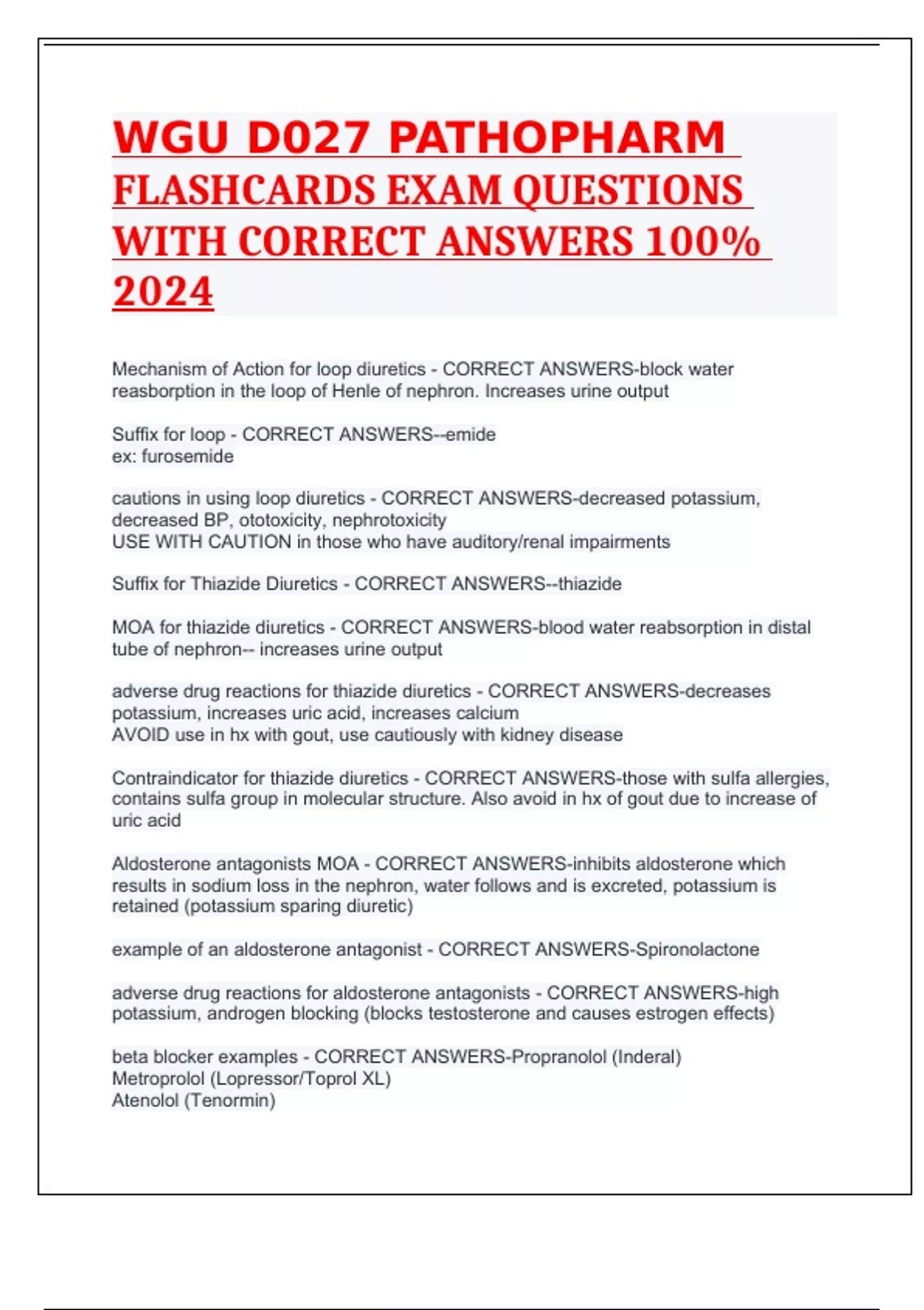 WGU D027 PATHOPHARM FLASHCARDS EXAM QUESTIONS WITH CORRECT ANSWERS 100% ...
