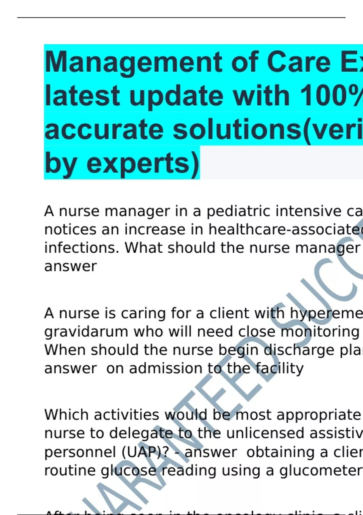 Management of Care Exam latest update with 100% accurate solutions ...