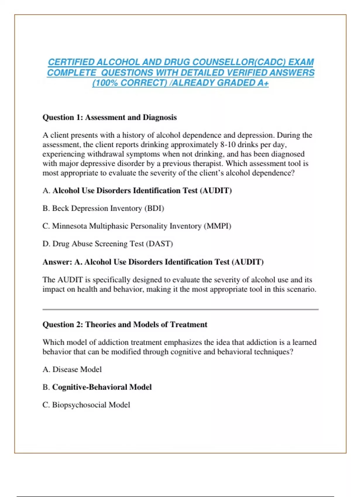 CADC EXAM 2024 NEWEST 2 VERSIONS (VERSION A AND B) COMPLETE 250 ...