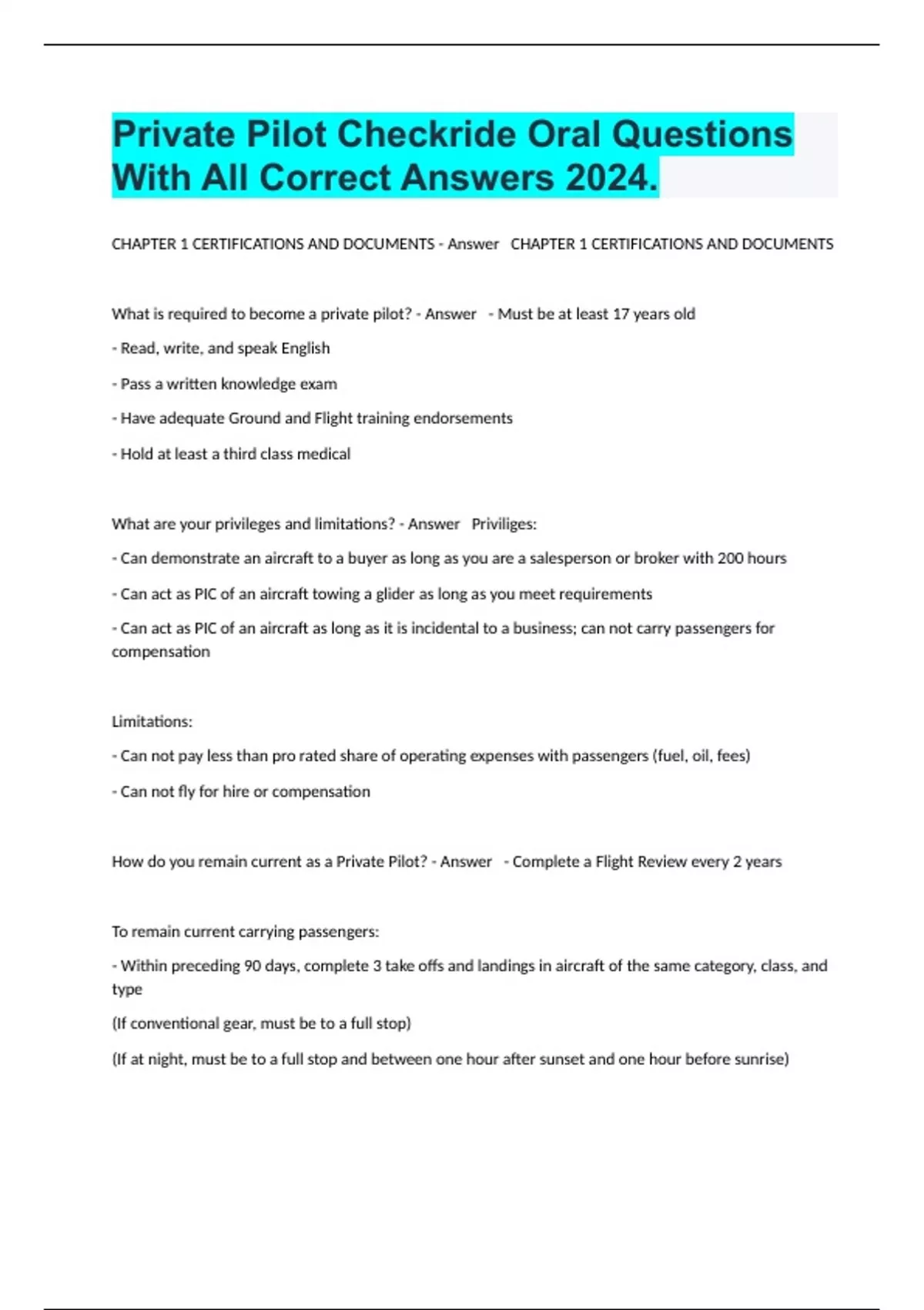 Private Pilot Checkride Oral Questions With All Correct Answers 2024 ...