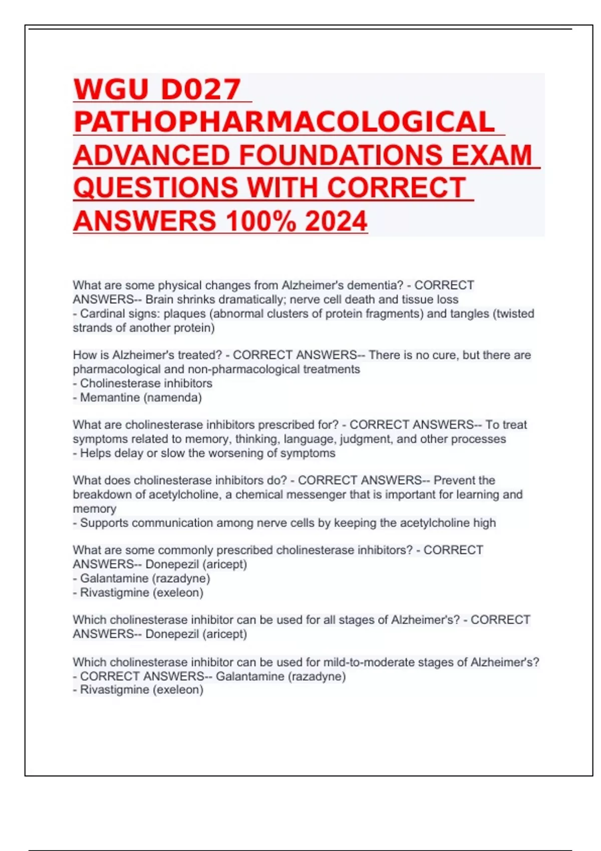 WGU D027 PATHOPHARMACOLOGICAL ADVANCED FOUNDATIONS EXAM QUESTIONS WITH CORRECT ANSWERS 100% 2024 ...