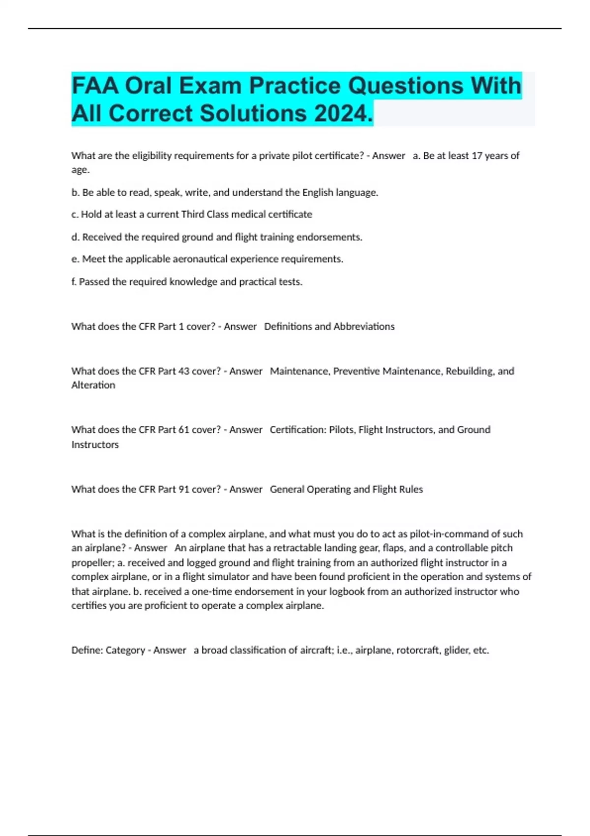 FAA Oral Exam Practice Questions With All Correct Solutions 2024 ...