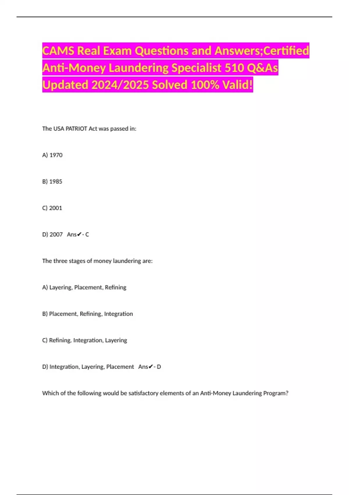 CAMS Real Exam Questions and Answers;Certified Anti-Money Laundering Specialist 510 Q&As Updated ...