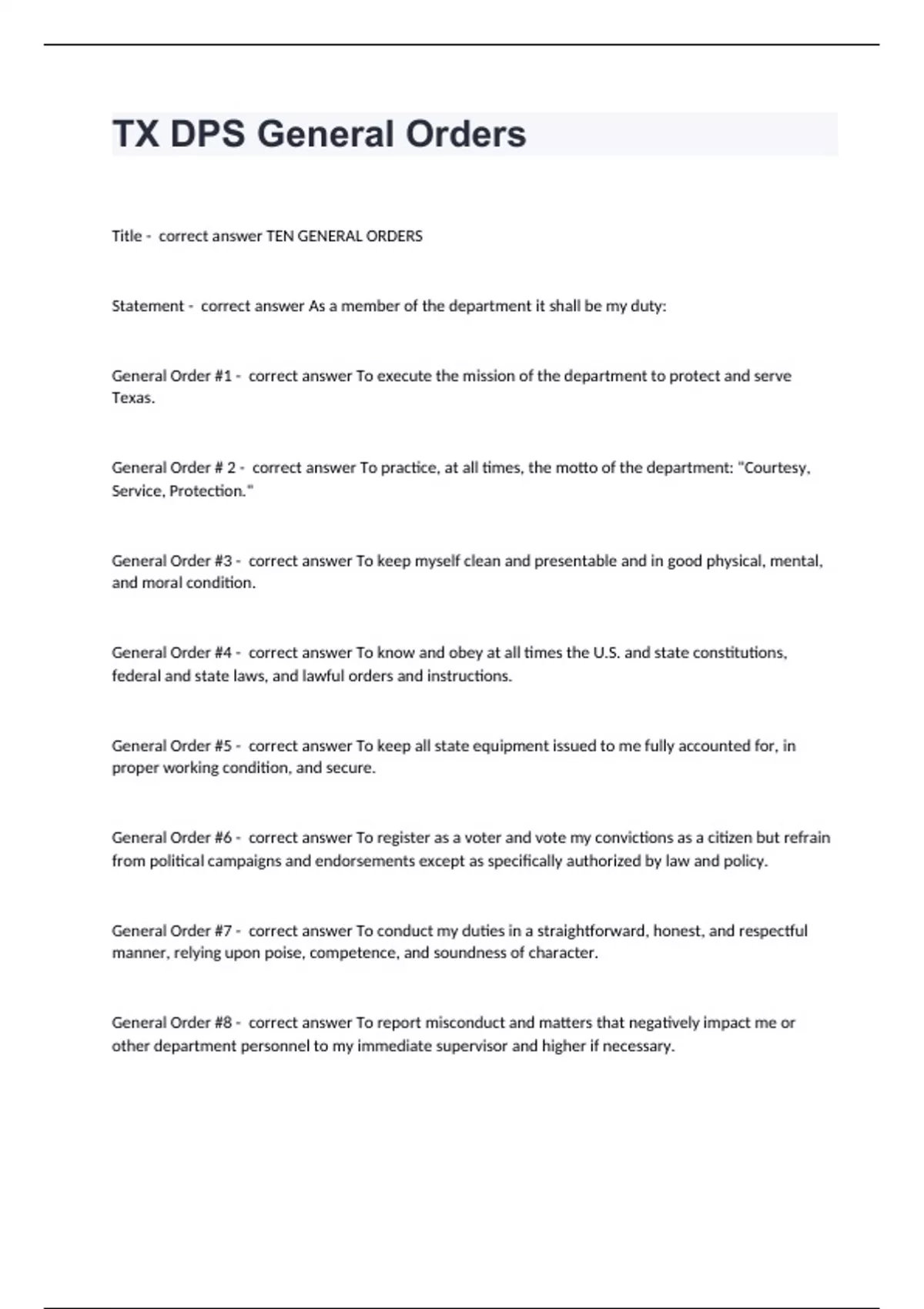TX DPS General Orders Questions with complete solution - DPS - Stuvia US