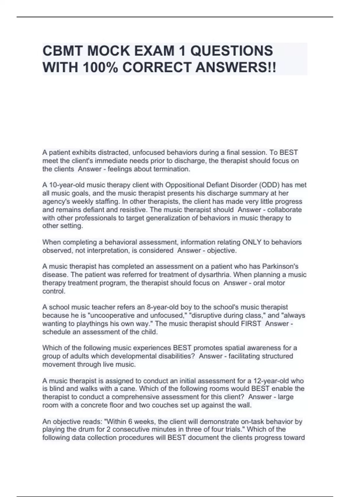 CBMT MOCK EXAM 1 QUESTIONS WITH 100% CORRECT ANSWERS!! - CBMT - Stuvia US