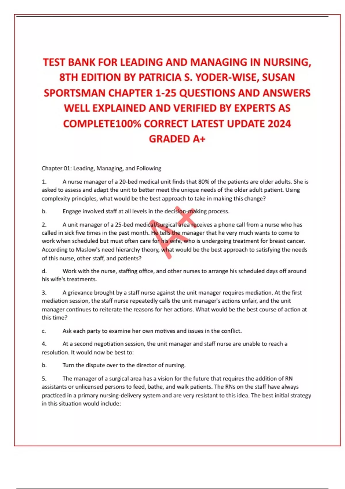 TEST BANK FOR LEADING AND MANAGING IN NURSING, 8TH EDITION BY PATRICIA ...