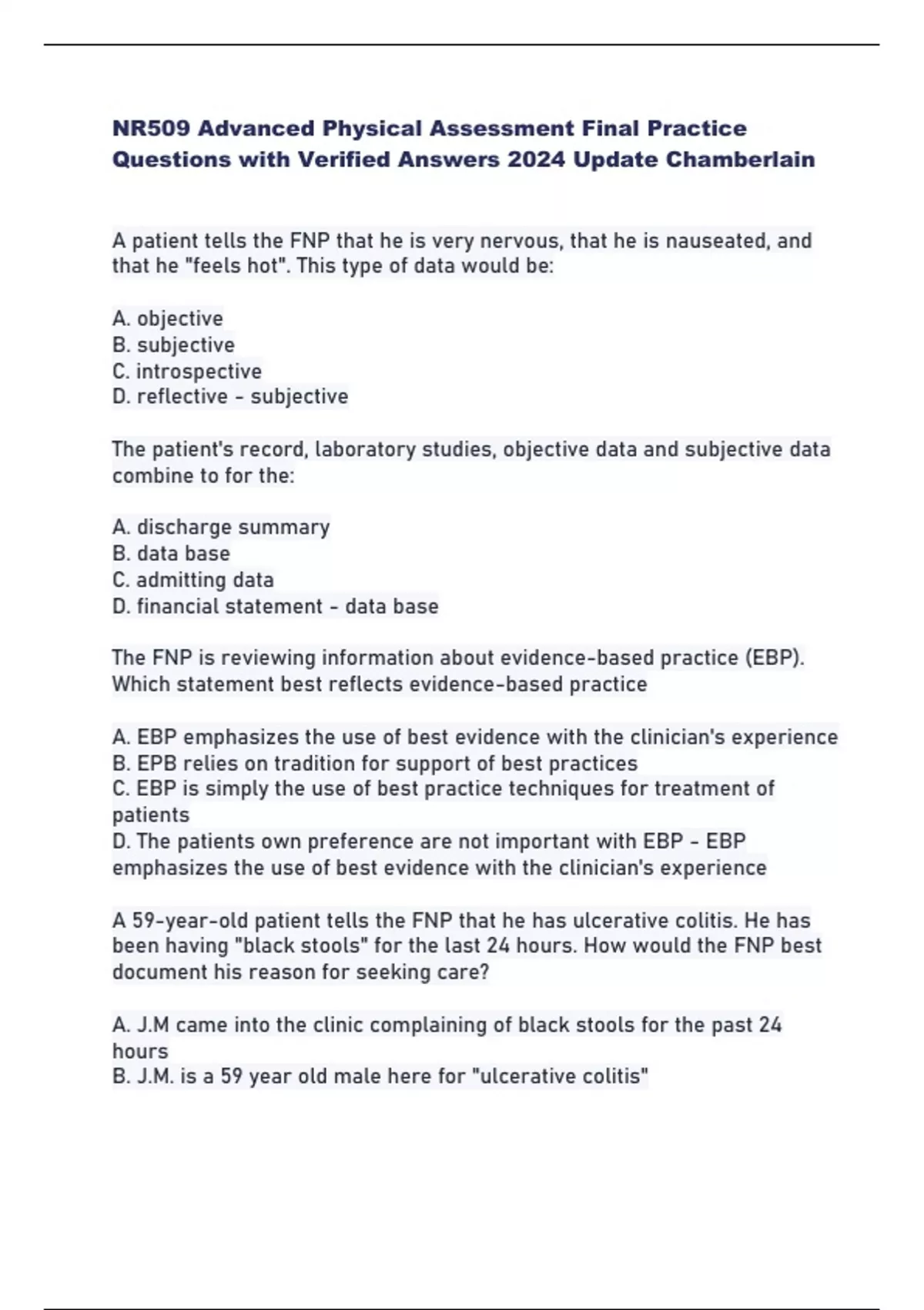 NR509 Advanced Physical Assessment Final Practice Questions with ...