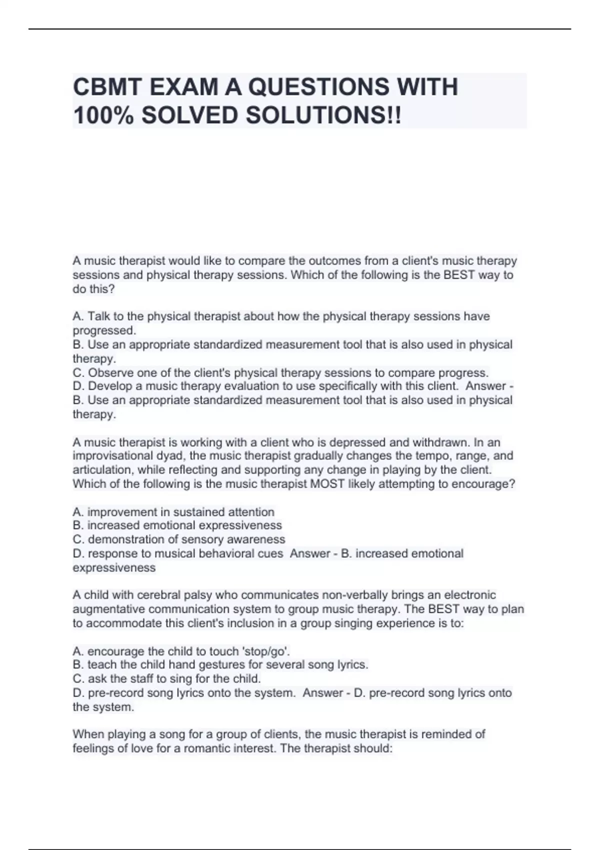 CBMT EXAM A QUESTIONS WITH 100% SOLVED SOLUTIONS!! - CBMT - Stuvia US