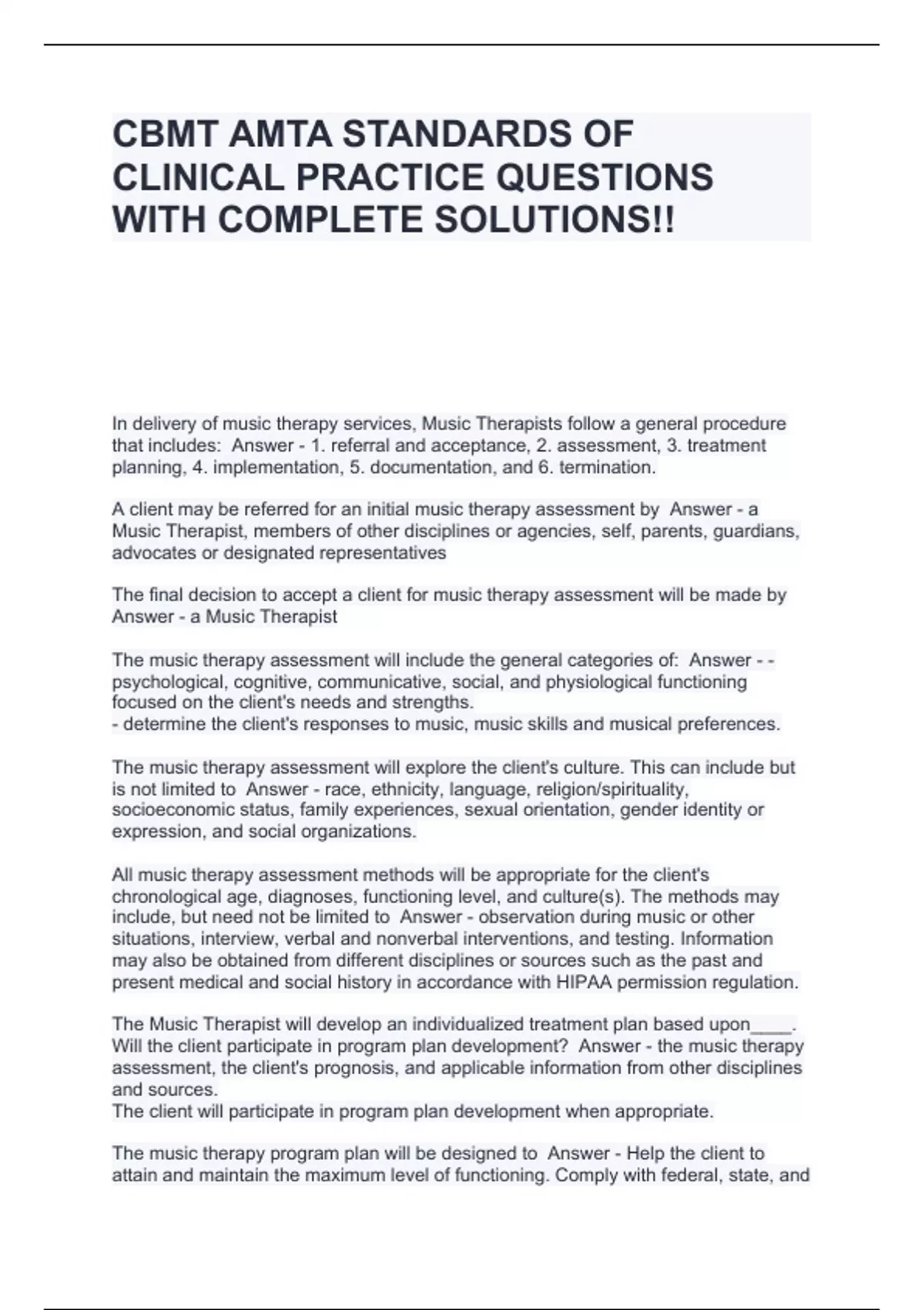 CBMT AMTA STANDARDS OF CLINICAL PRACTICE QUESTIONS WITH COMPLETE ...