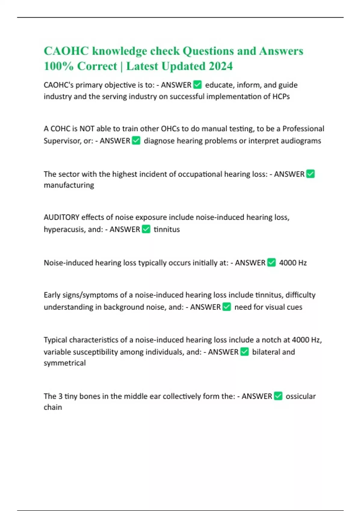 CAOHC knowledge check Questions and Answers 100% Correct | Latest ...