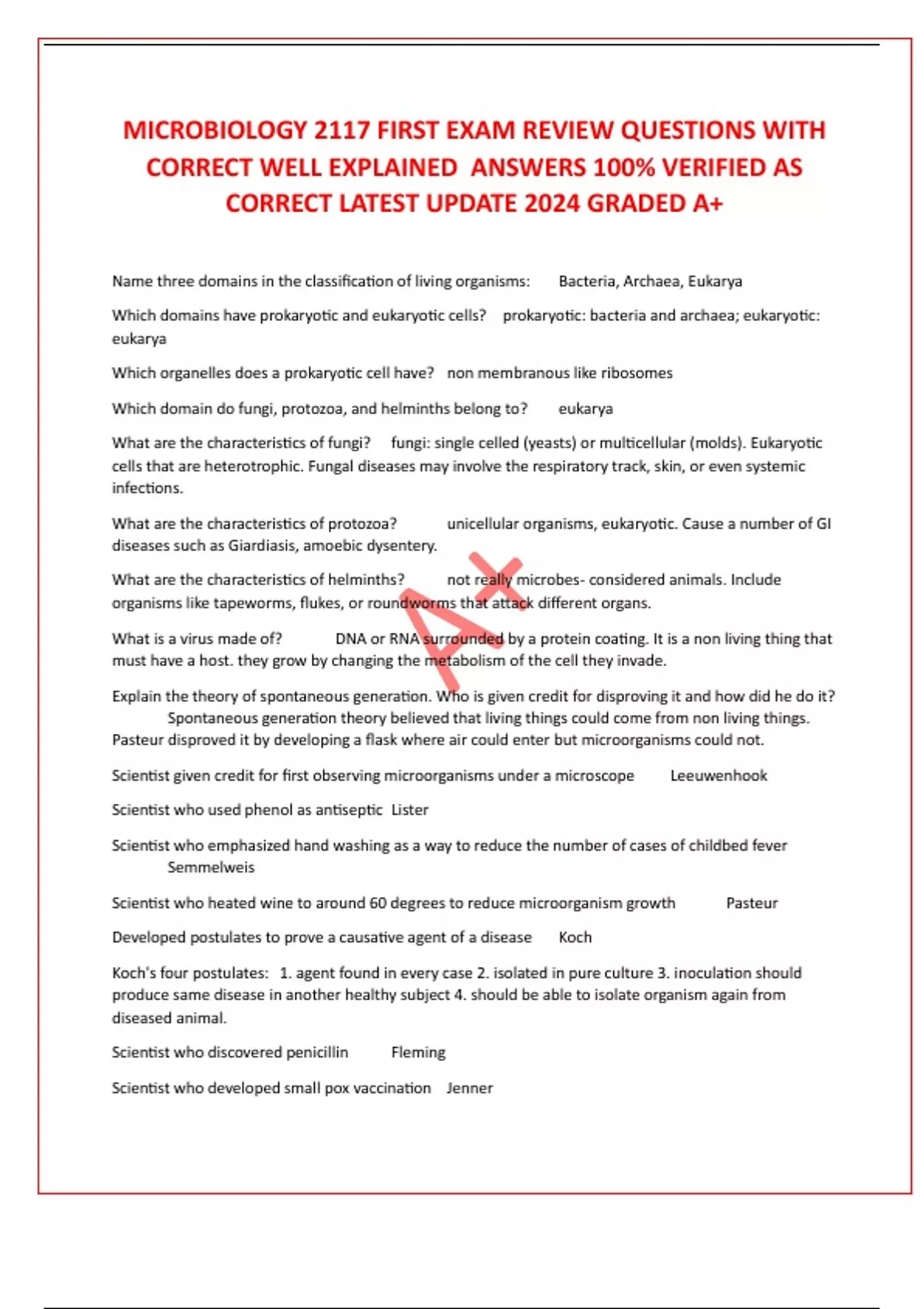 MICROBIOLOGY 2117 FIRST EXAM REVIEW QUESTIONS WITH CORRECT WELL ...